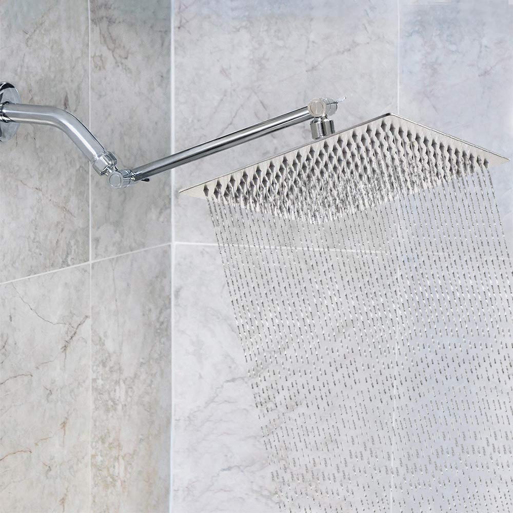 Rain Shower Head with 11’’ Adjustable Extension Arm, Large Stainless Steel High Flow Rainfall Square Shower head, Bath Shower Waterfall Full Body Coverage (12 Inch Showerhead with Arm, Chrome)