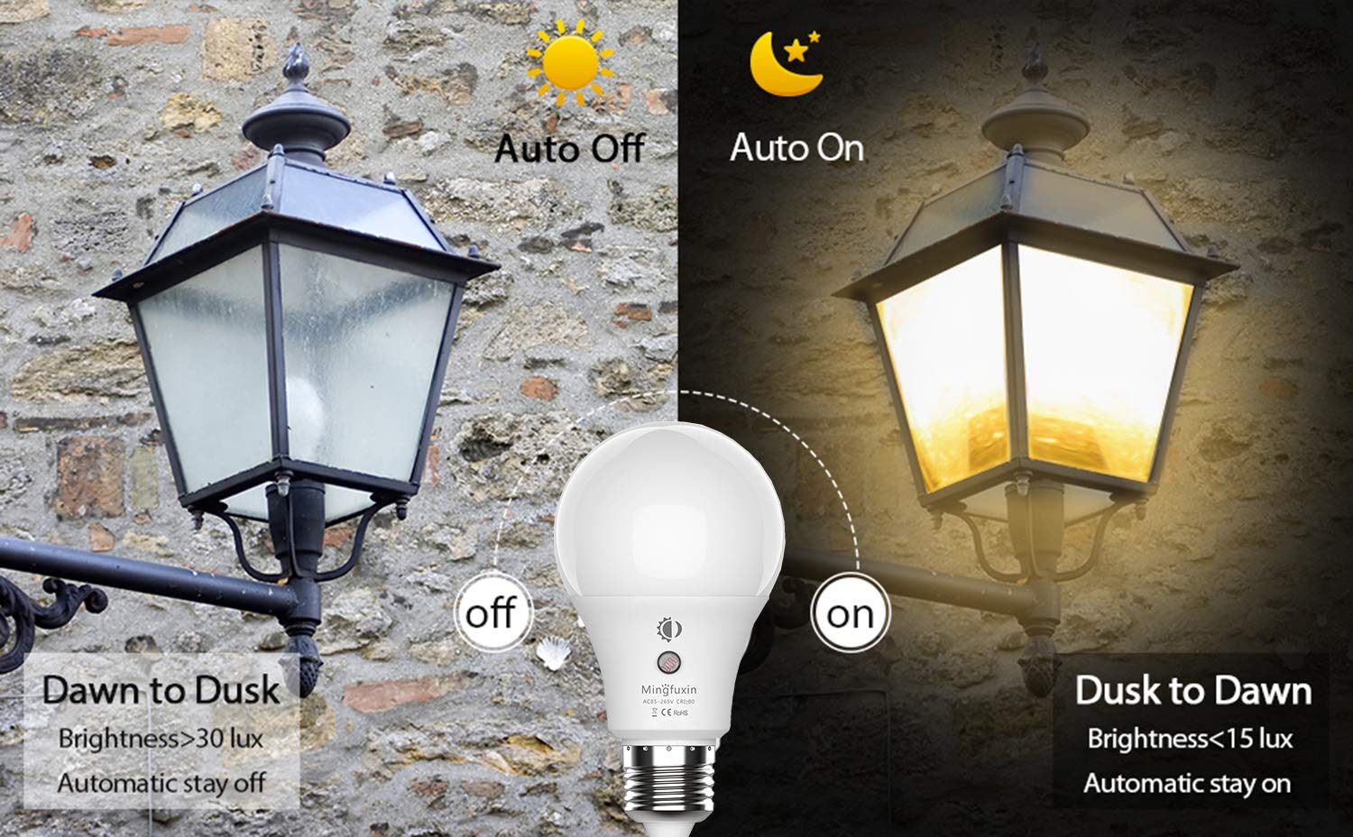 Mingfuxin Dusk to Dawn Light Bulbs 75W Equivalent, Auto on/Off Sensor Porch Light, LED Light Bulbs Smart Sensor Lighting Lamp 10W E26/E27 for Patio Garage Garden Light 3000K