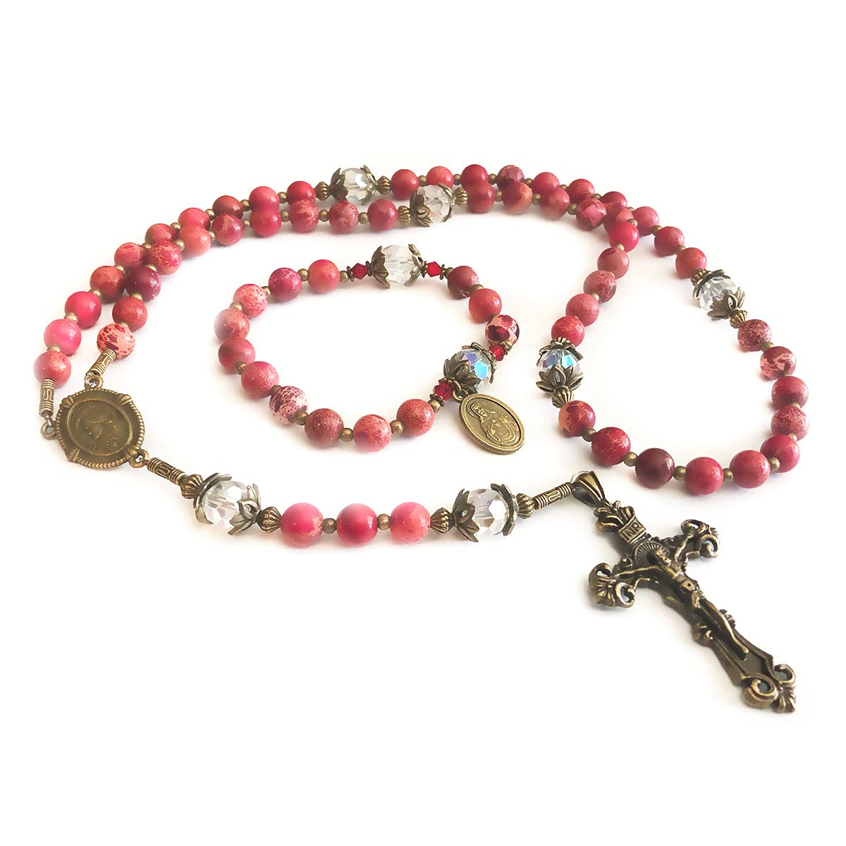 Sacred Heart of Jesus Stone and Crystal Rosary and Bracelet Deluxe Boxed Set