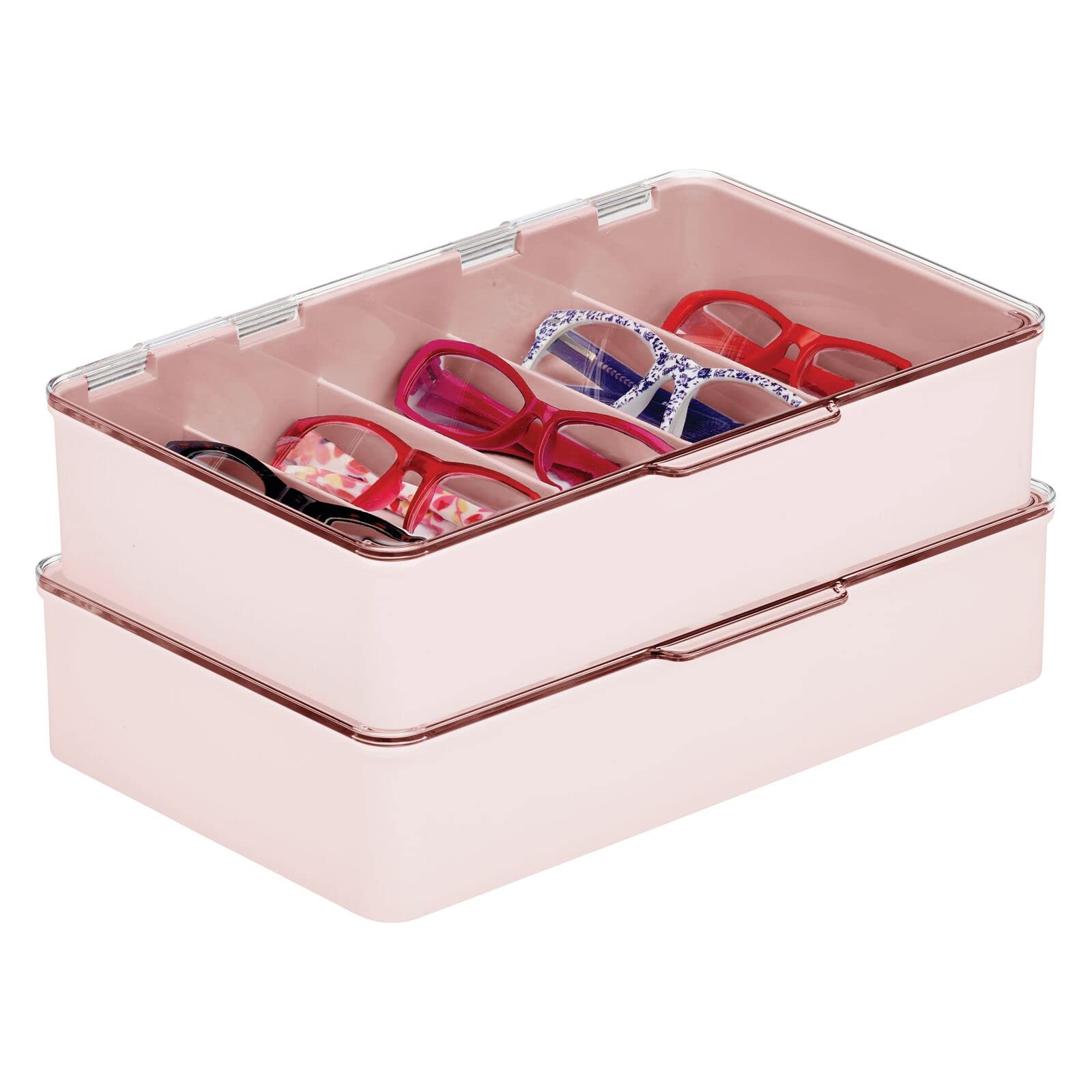 mDesign Plastic Stackable Eyeglass Case Storage Organizer, Hinged Lid for Unisex Sunglasses, Reading Glasses, Fashion Eye Wear, Protective Glasses, 5 Sections, Ligne Collection - 2 Pack - Cream/Clear