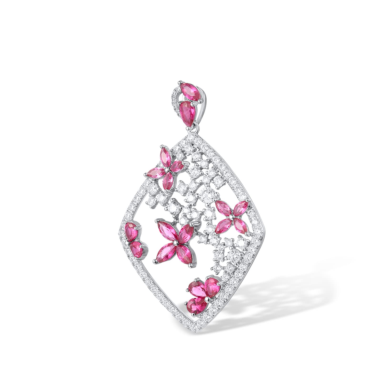 Santuzza 925 Sterling Silver Gemstone Butterfly Pendant Red Nano Crystal Cubic Zirconia Rhombus Pendant for Women