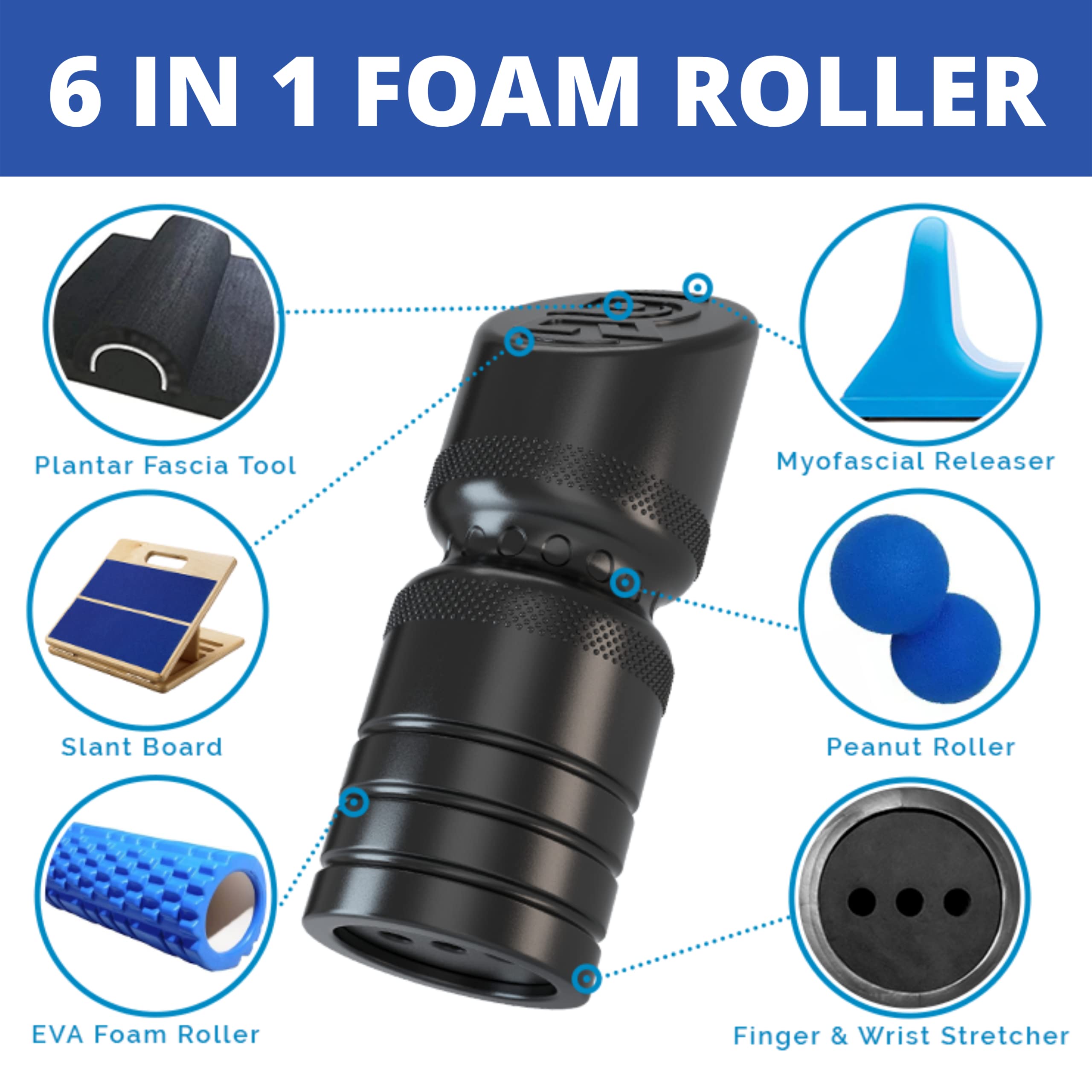 Rehab Roller 6 in 1 Foam Roller - Medium Density Foam Roller for Back Pain & Legs - Deep Tissue Muscle Massager with Built in Slant Board, Peanut Roller, Trigger Point Release Tool & More (Lime)