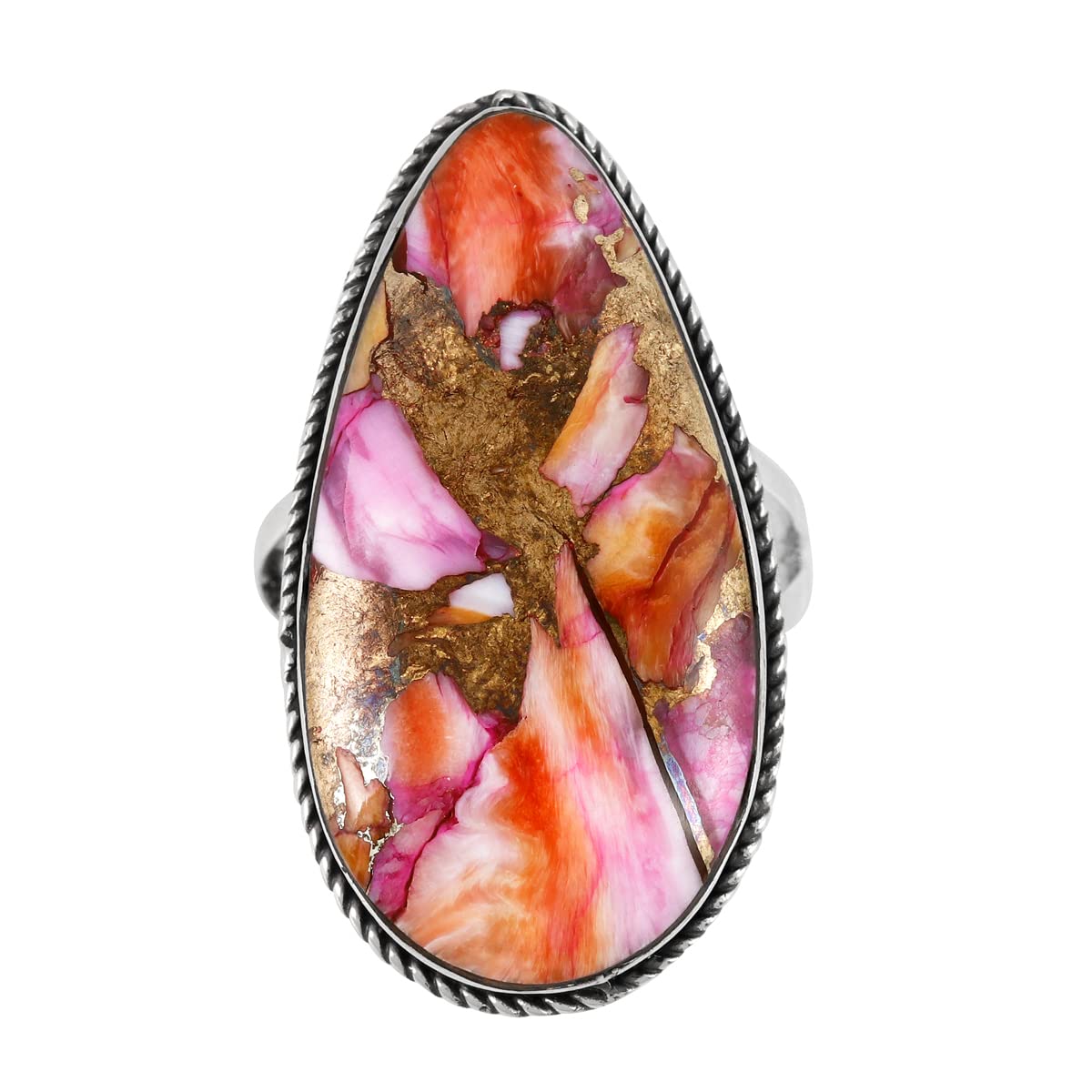 Spiny Oyster & Turquoise Ring in Sterling Silver 925 Genuine Gemstones (Plum Spiny, 8)