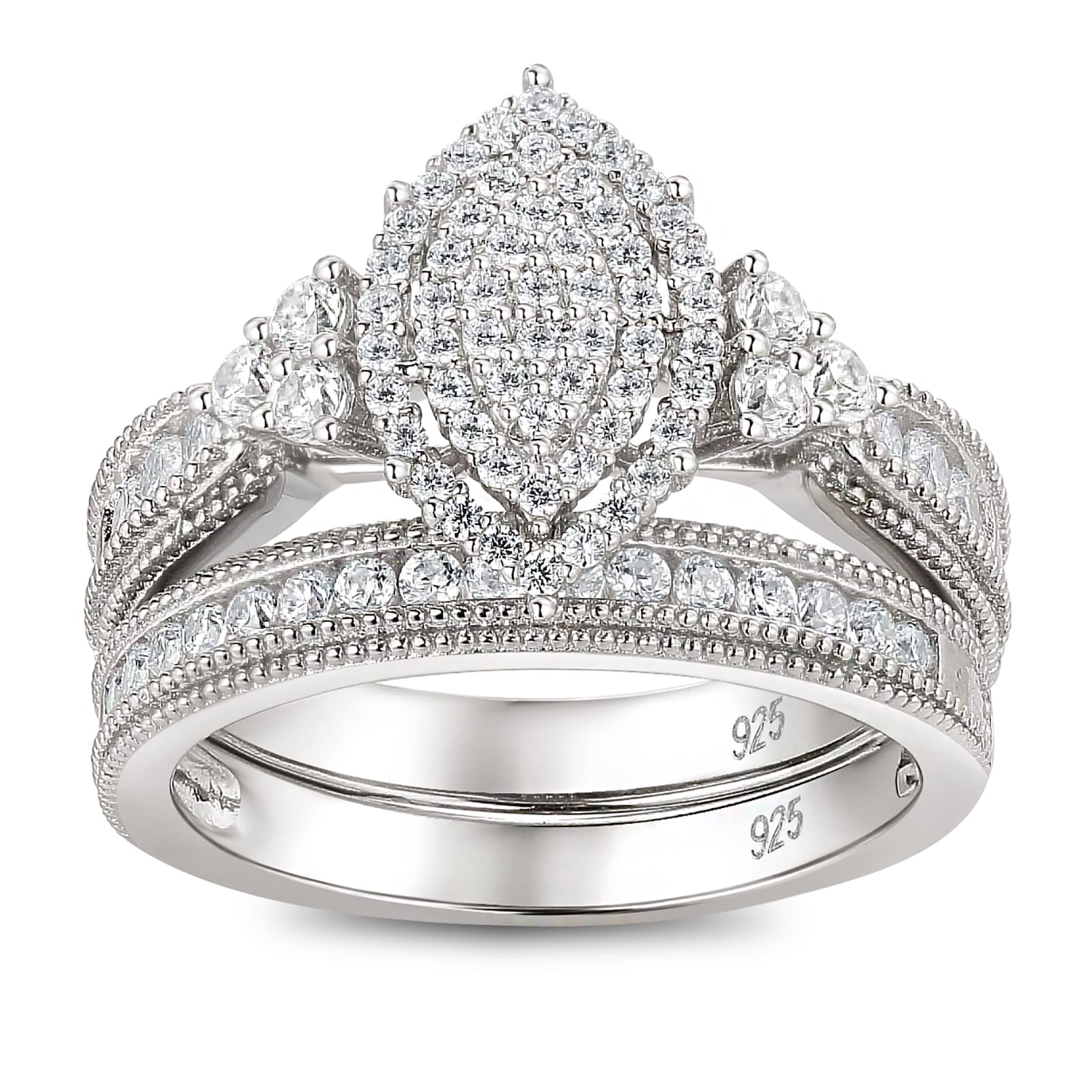 SHELOVES Marquise Shape Vintage Engagement Wedding Ring Sets White Round Cz 925 Sterling Silver Size 6.5