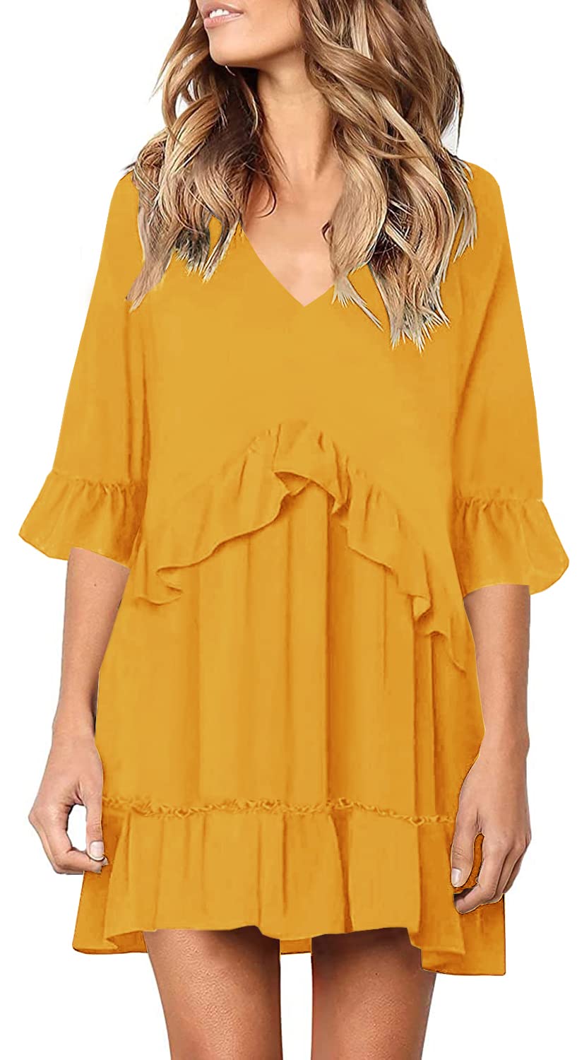 MITILLY Women's Summer V Neck Ruffle Polka Dot Pocket Loose Swing Casual Short T-Shirt Dress