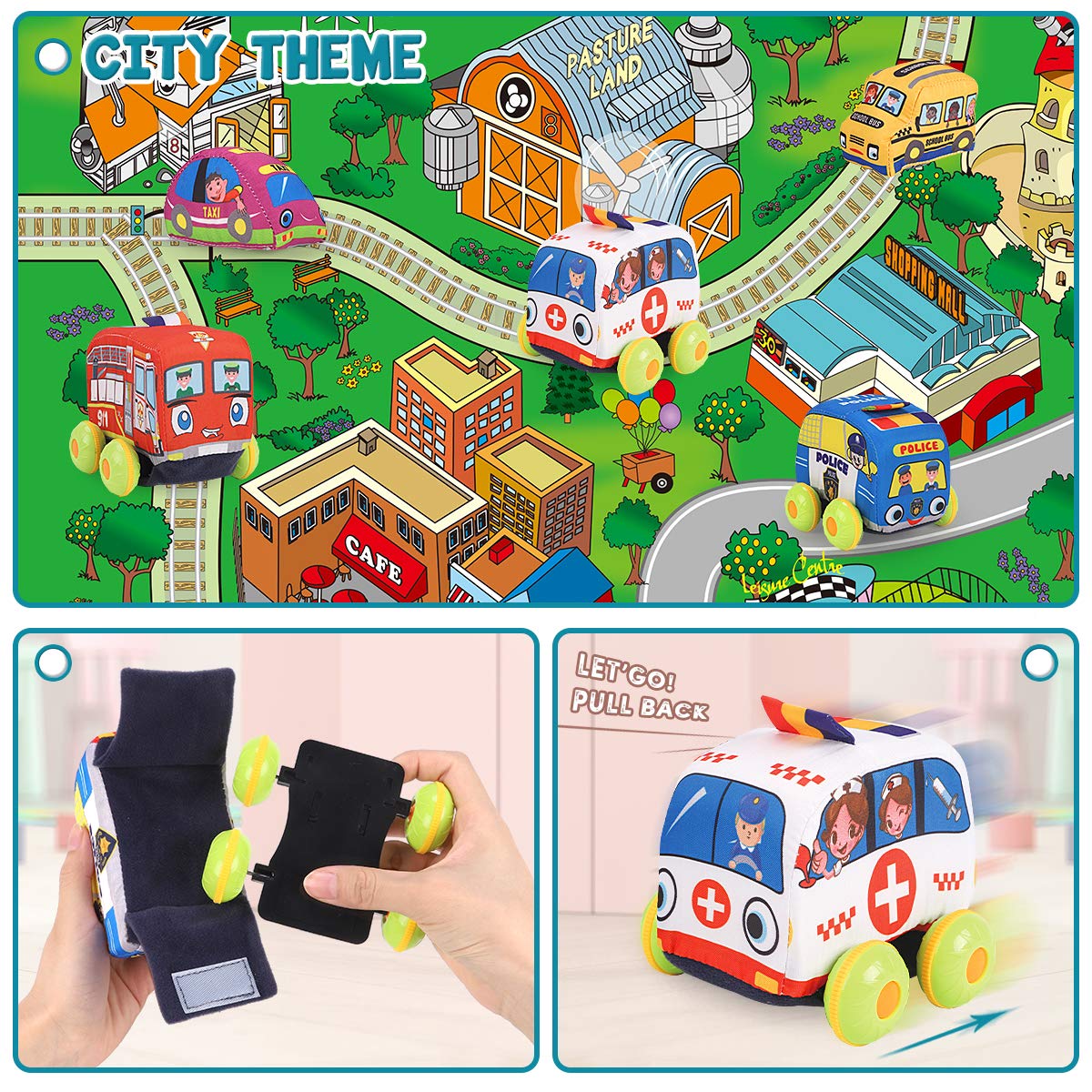 REMOKING Pull-Back Vehicle Toys Set, STEM Soft Vehicle Toy Set 5 Cars with Play Mat, Educational Interesting Cloth Book Set, Great Gifts for Kids 3 Years and up