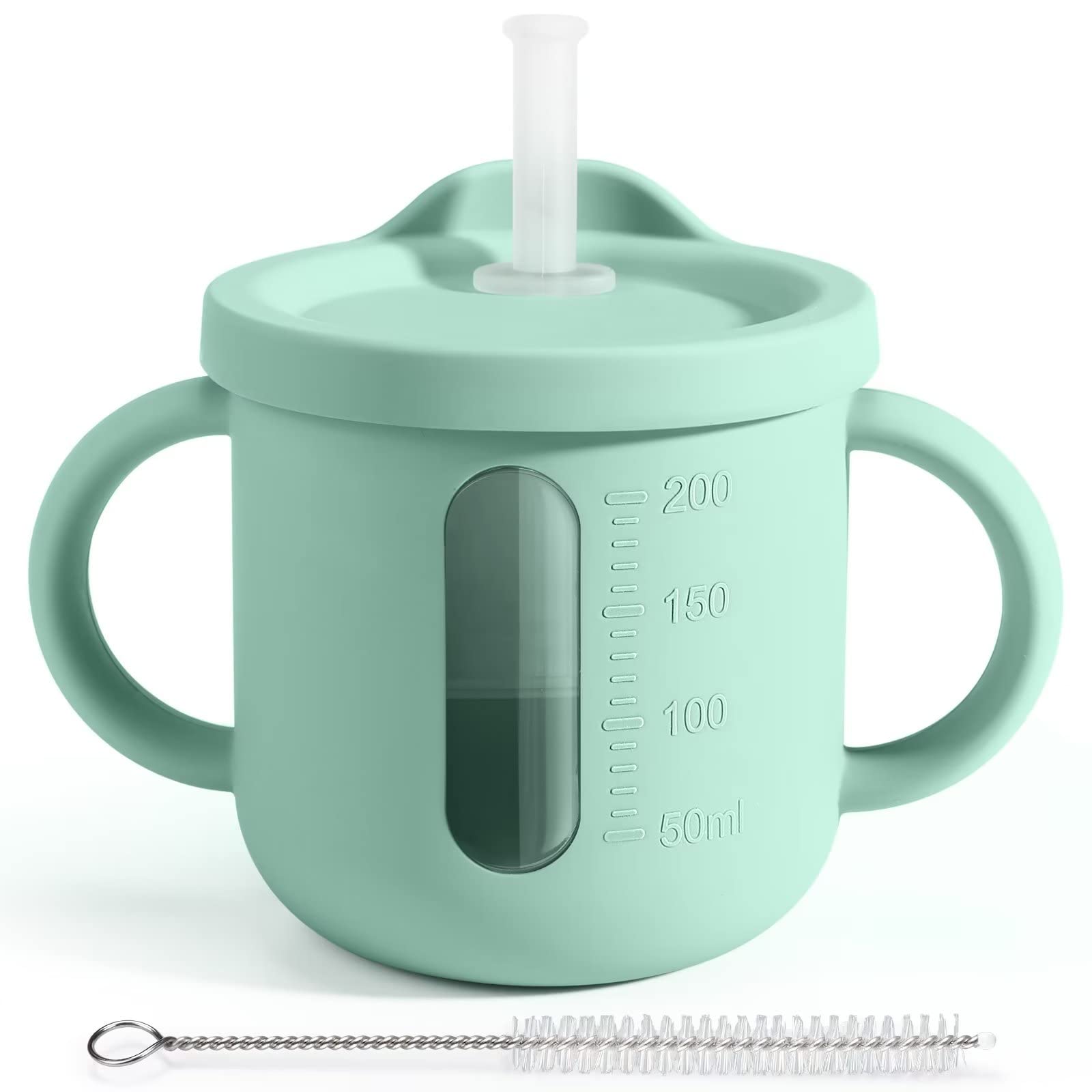 Palmatte Baby Toddler Cups with Straw: 200ml Perspective Silicone Training Cup with Lid Handle Marks for Infants 6 Months+, Open Sippy Cup Baby Led Weaning Supplies Baby Shower Gifts (Sage Green)