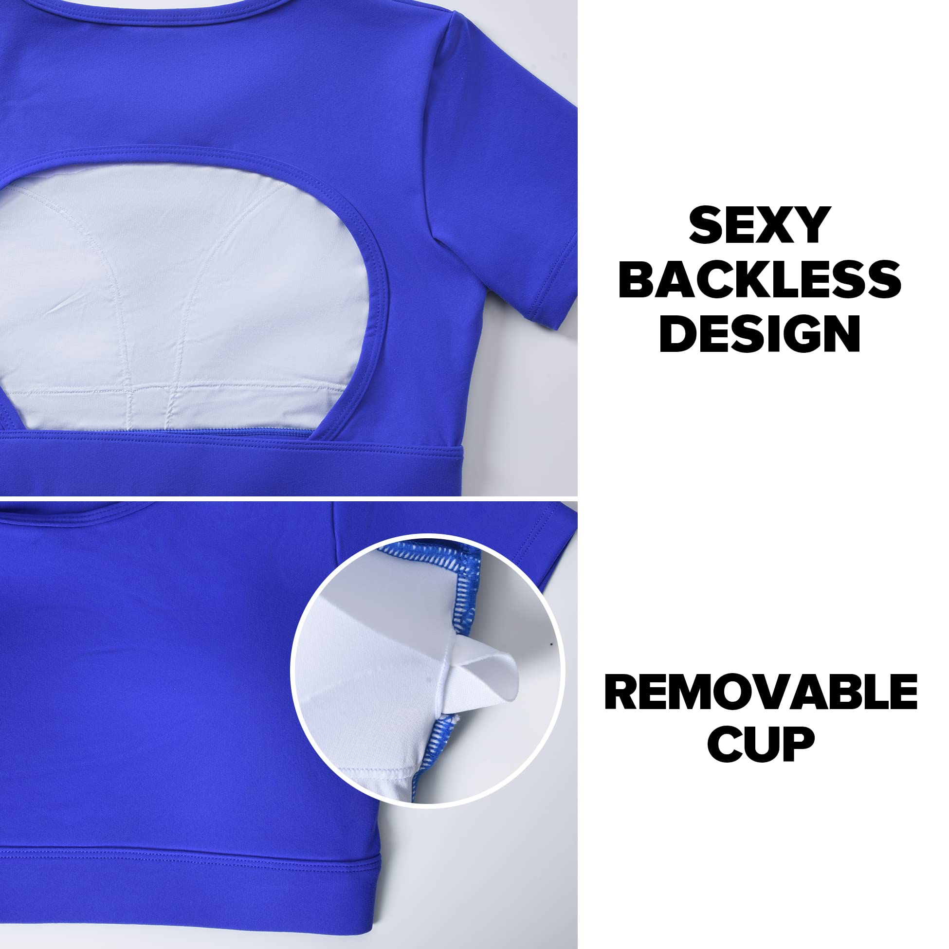YEOREO Vanessa Women Tee Crop Tops with Removable Pad Workout Backless Gym Shirt Bra Going Out T Shirt Top Black