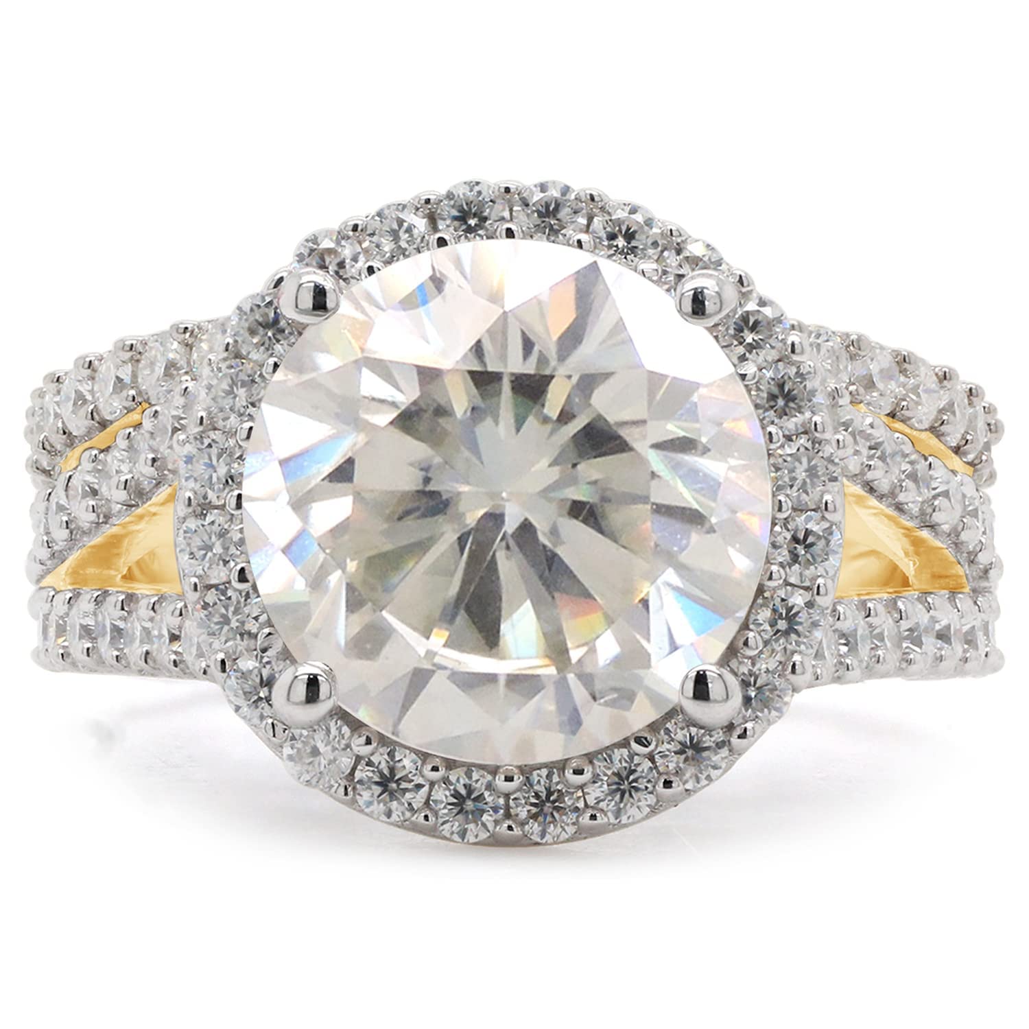 SAVEARTH DIAMONDS Split Shank Design, 4 1/2 cttw Center 10MM Round Cut Lab Created Moissanite Diamond Halo Bridal Set Ring 10K Solid Yellow Gold (VVS1 Clarity, 4.50 Cttw)-7.5