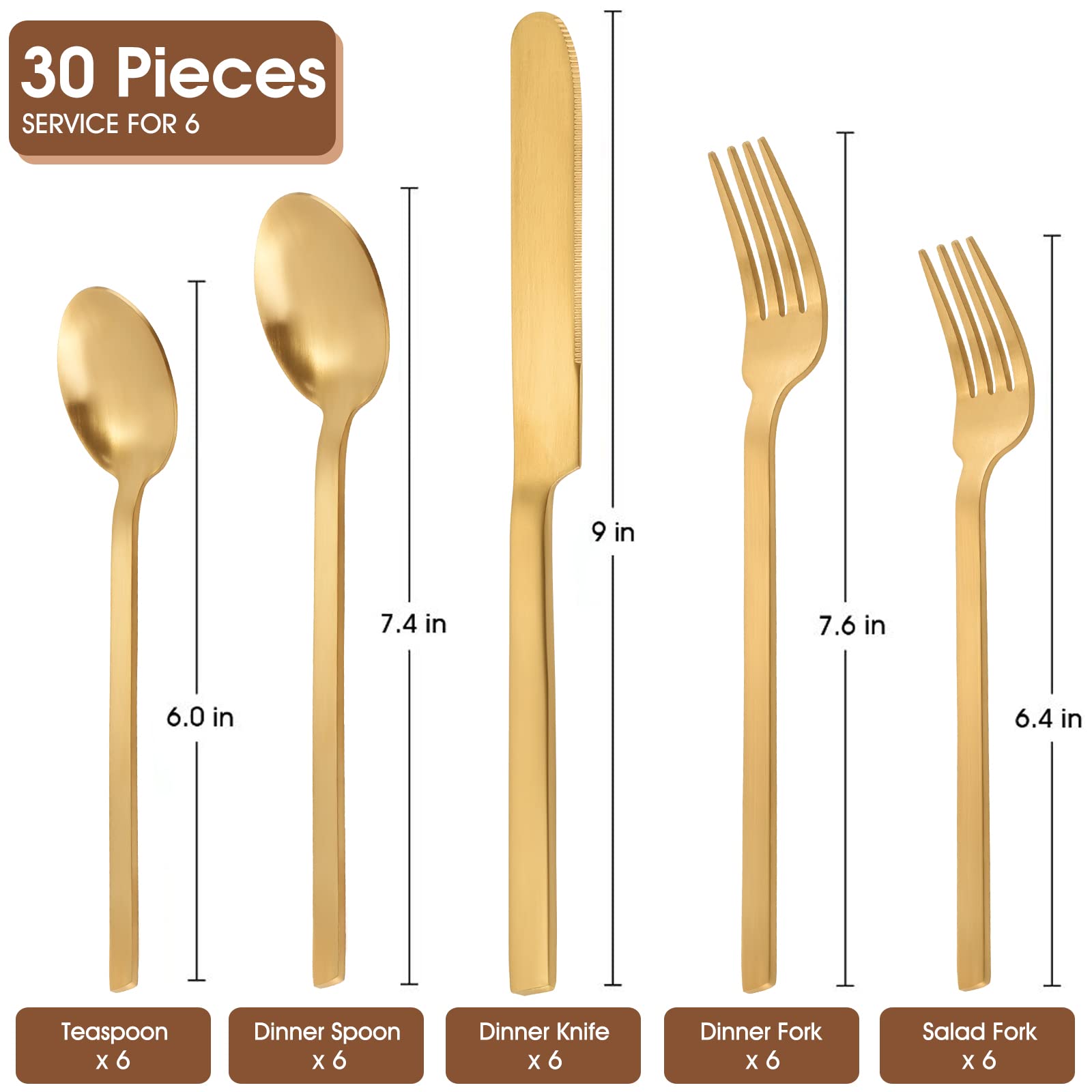 Matte Gold Silverware Set,OPOLIA 30-Piece Stainless Steel Flatware Cutlery Set for 6,Stain Finish Tableware Eating Utensils, Food Grade, Dishwasher Safe