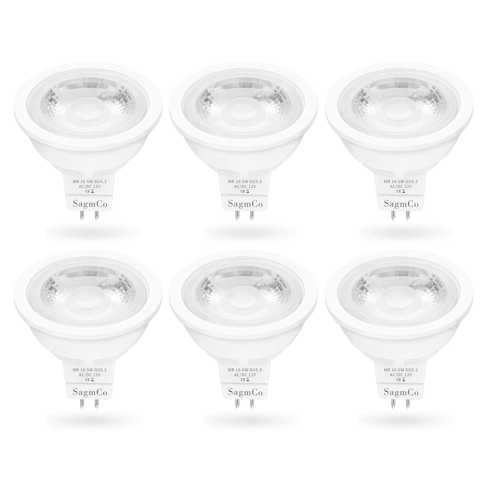 SagmCo 6 Pack MR16 LED Bulb 50W Equivalent,5000K Daylight, 30,000 Hour Lifetime,5W 12v AC/DC 40 Degree LED Spotlight Gu5.3 Base Non-Dimmable