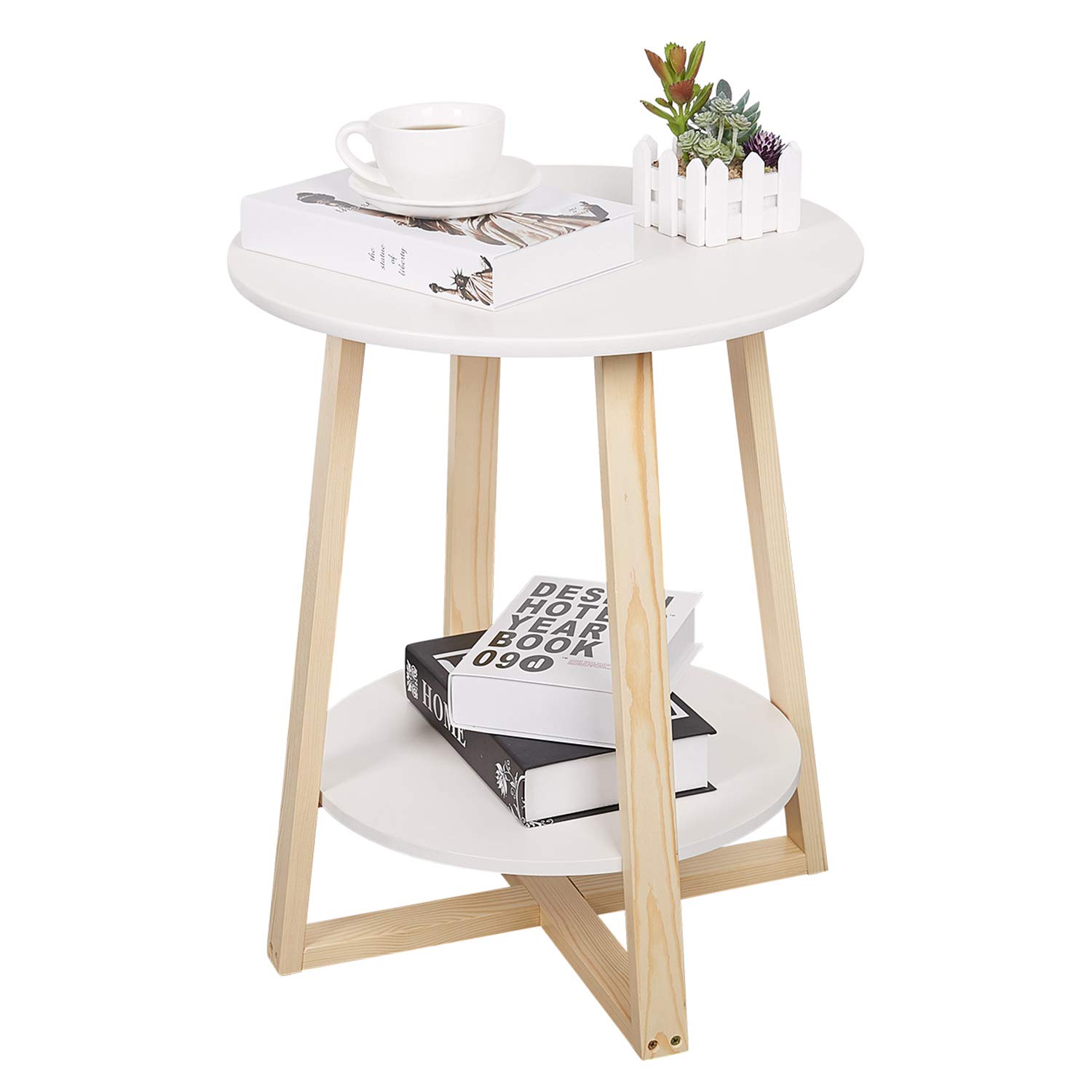 NXN-HOME Round Sofa Side End Table with 2-Tier Storage, White Sofa Small Side Table for Home Office Living Room Bedroom Furniture, MDF Desktop, Durable Solid Wood Bracket