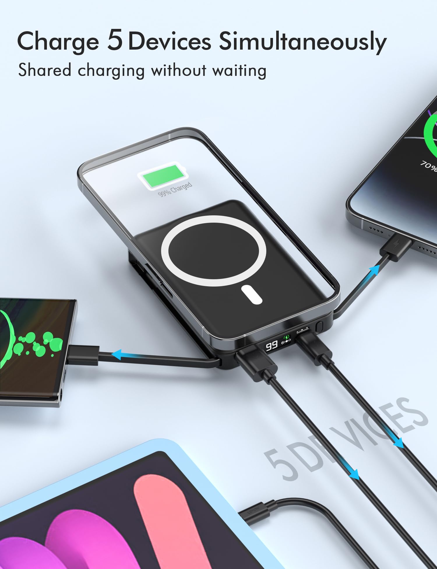 podoru Wireless Portable Charger, 10000mAh Magnetic Power Bank Built-in USB C Lighting Cables 22.5W PD Fast Charging LED Display Mag-Safe Battery Pack for iPhone 15/14/13/12/Mini/Pro/Pro Max - Black