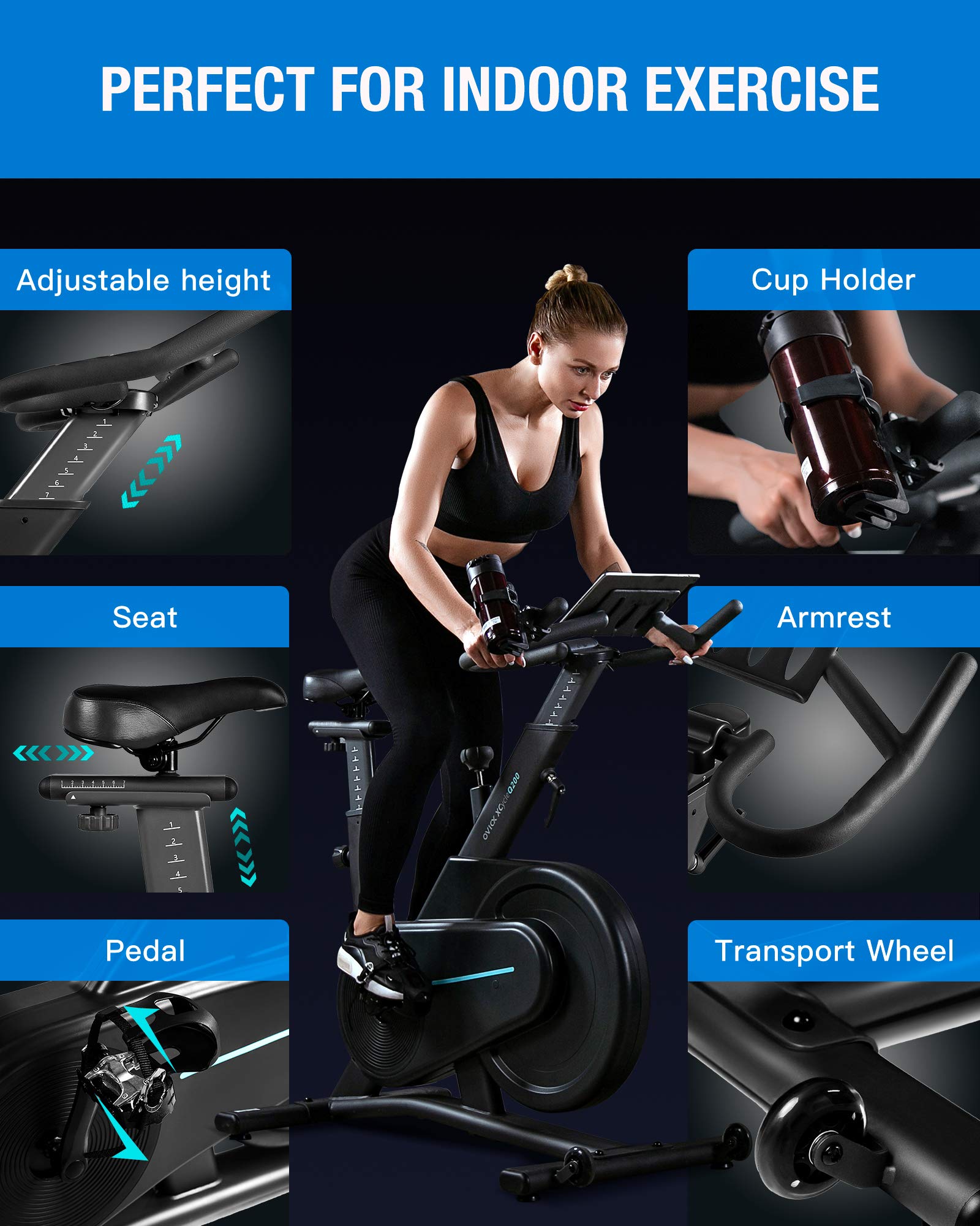OVICX Magnetic Stationary Bike with Bluetooth Adjustable Professional Handlebar Belt Drive Indoor Cycling Workout Bike for Home Gym Workouts