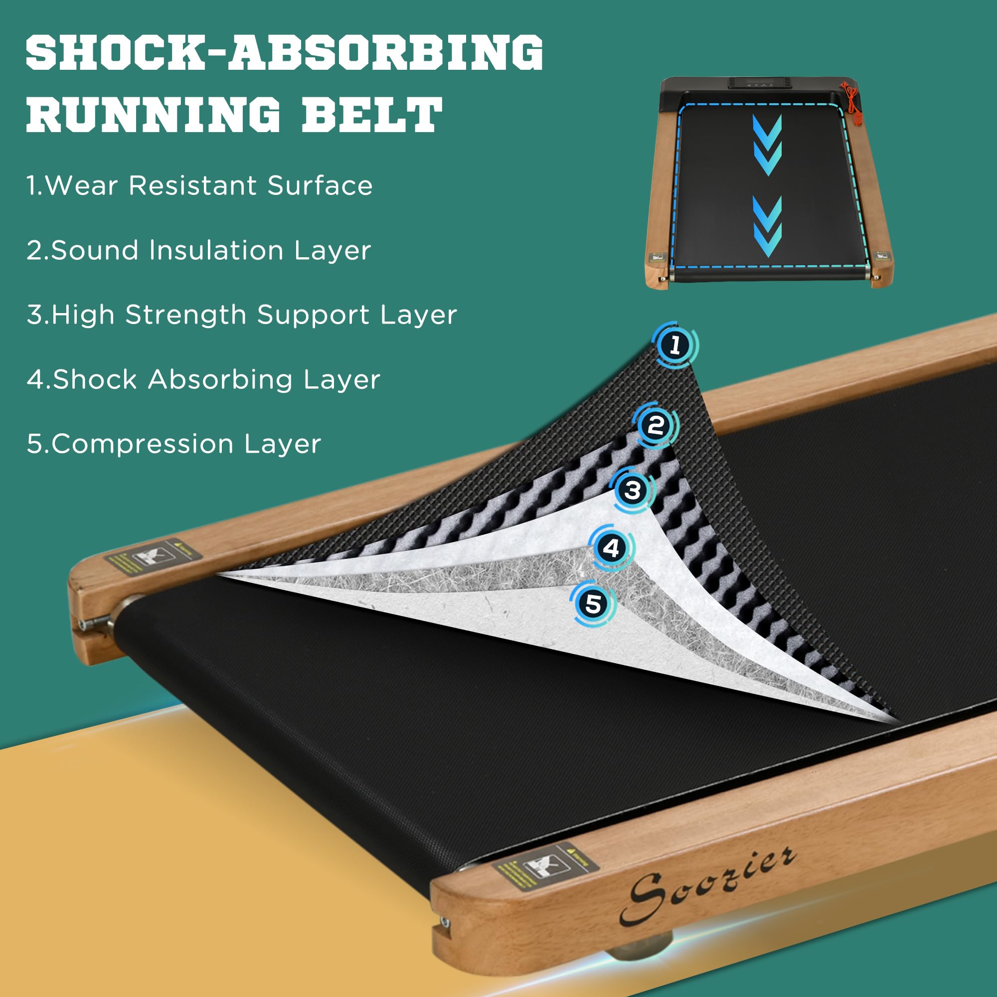 Soozier Wood Walking Pad, Smart Under Desk Treadmill, Walking Jogging Machine with Blue Tooth Speaker, Remote Control, 12 Pre-Programs, Transport Wheels and LED Display for Home Gym Office