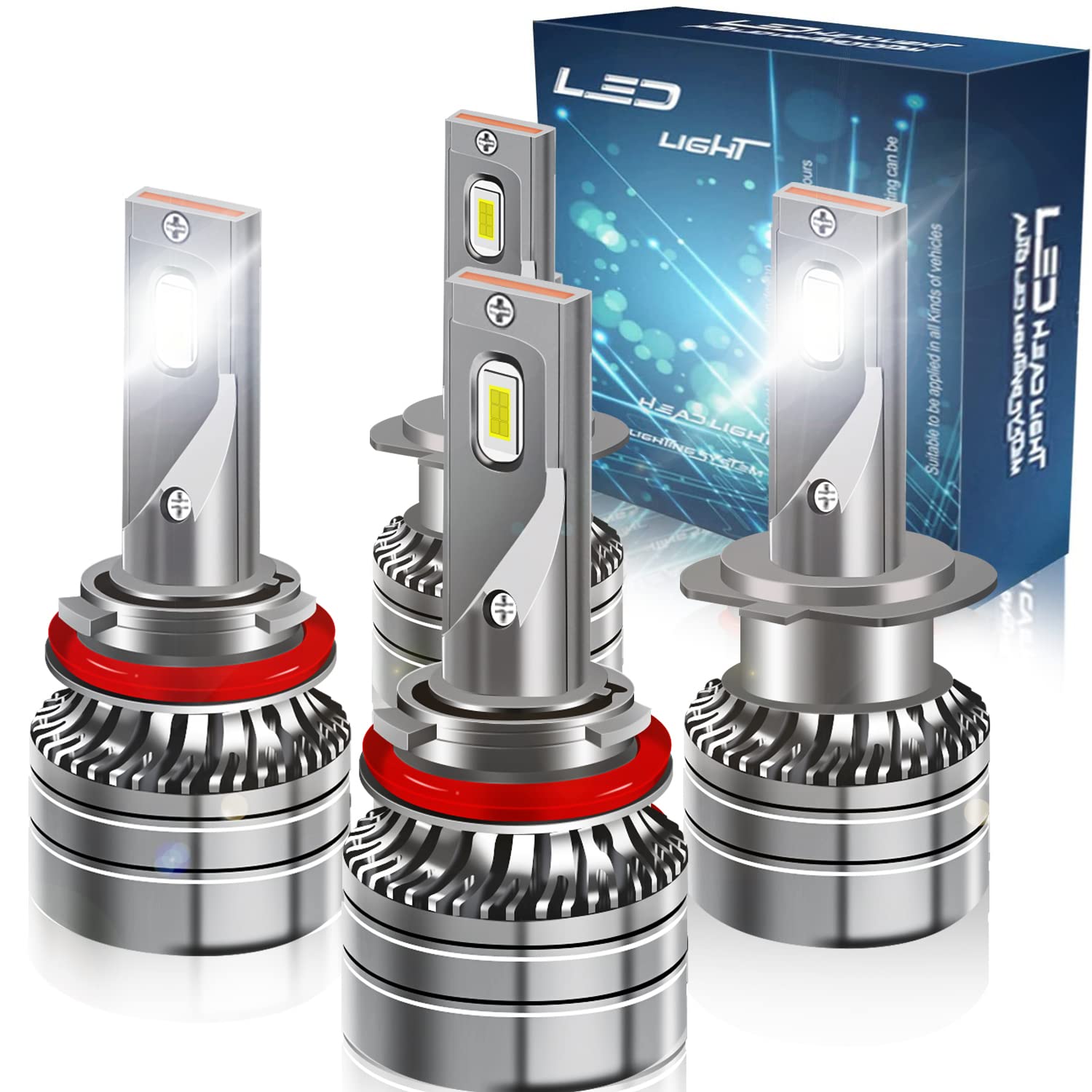 SHENKENUO Fit For Ford Fusion (2006-2018) H7 High Beam + H11 Low Beam LED Headlight Bulbs Combo,400% Brightness, 6500K Cool White,Pack of 4