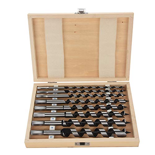 Zerone Auger Drill Bit, 8pc Carbon Steel Hex Shank Brad Point Drill SDS Auger Spiral Wood Drilling Tool with Wooden Case, Diameter 6mm 8mm 10mm 12mm 14mm 16mm 18mm 20mm