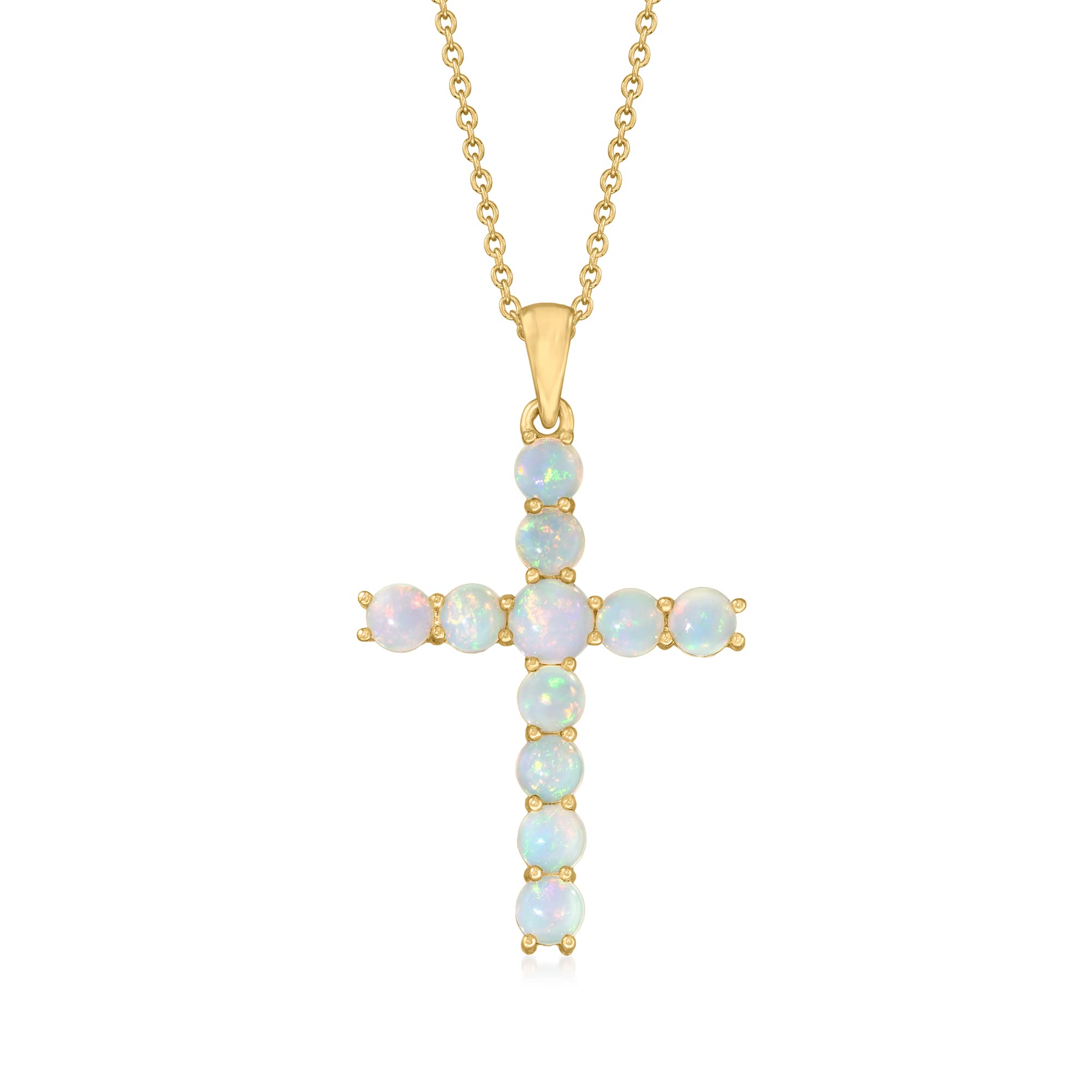 Ross-Simons Ethiopian Opal Cross Pendant Necklace in 18kt Gold Over Sterling. 18 inches