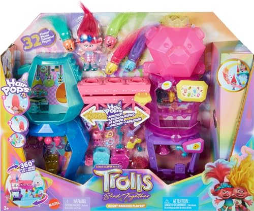Mattel DreamWorks Trolls Band Together Toys, Mount Rageous Playset with Queen Poppy Small Doll & 25+ Accessories, 4 Hair Pops