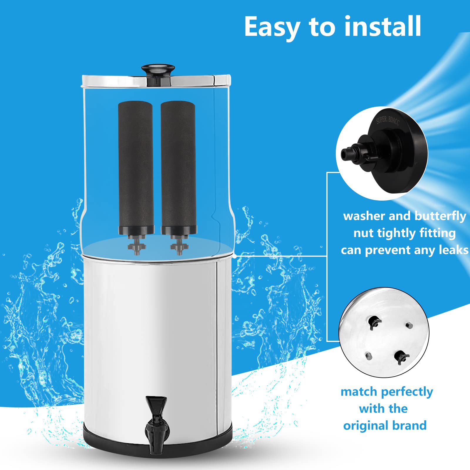 SUPER.BDACC Water Filter Replacement, Gravity Controlled Flow, Carbon Block Replacement for Berkey Black System, Compatible with Stainless Steel Countertop Purification, Pack of 4