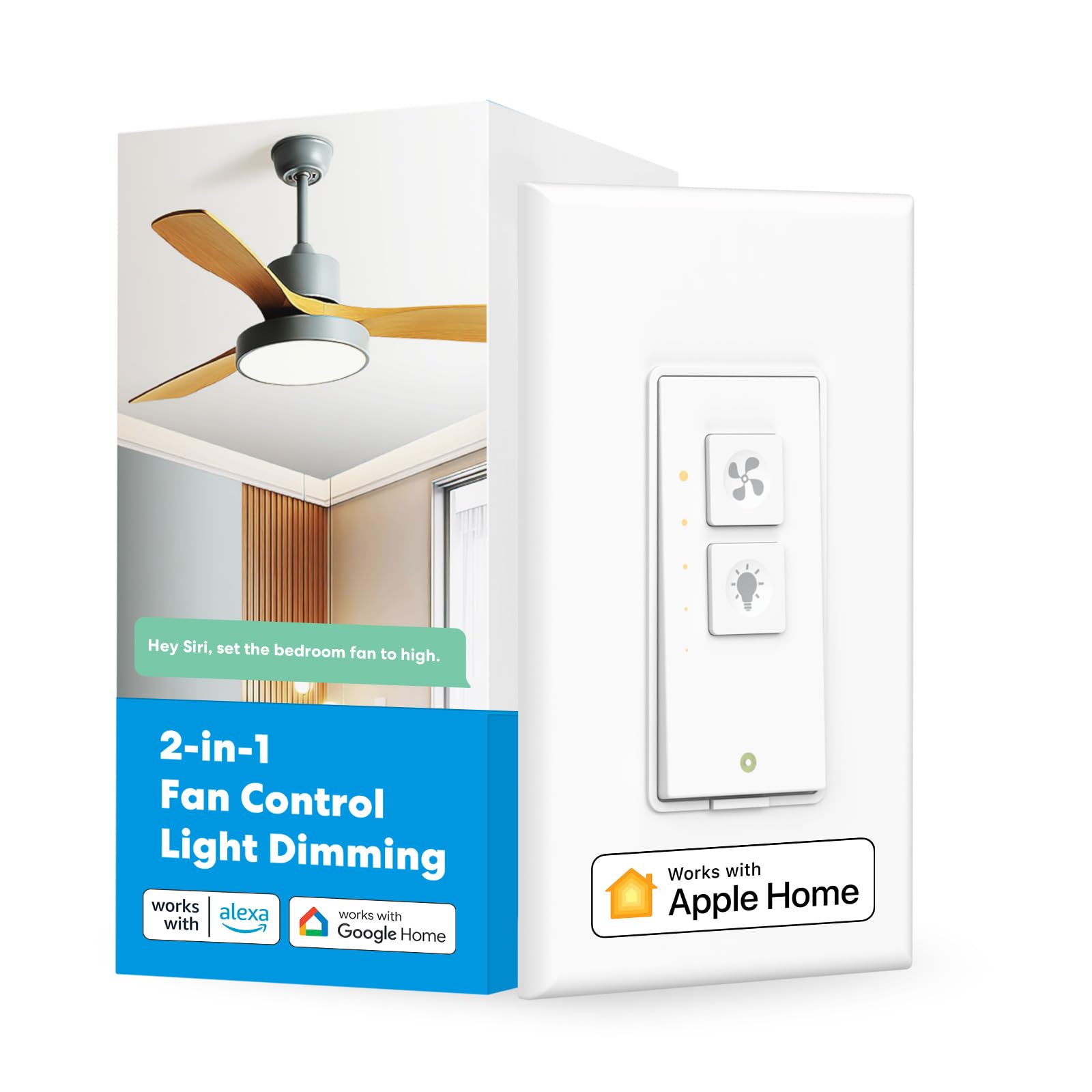 meross Smart Ceiling Fan Control & Dimmer Light Switch, Works w/Apple HomeKit, Alexa, Google & SmartThings, 4-Speed Fan Control, 2.4G Wi-Fi Fan and Light Switch Combo, Neutral Wire Needed, Single Pole