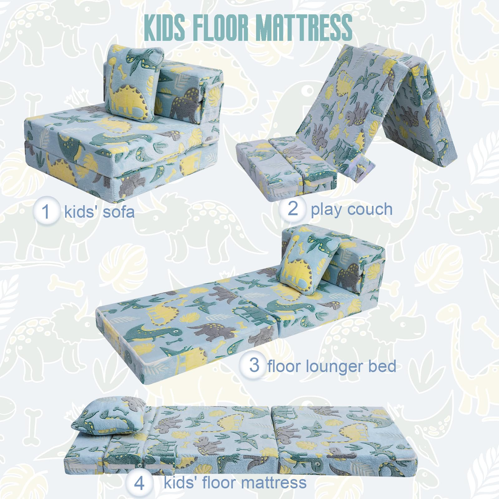 MeMoreCool Folding Sofa Bed Floor Mattress for Kids, Glow Tri Folding Mattress Kid Fold Up Sofa Futon Folding Chair Bed, Child Foldable Mattress Floor Bed Folding Couch Trifold Mattress for Playroom