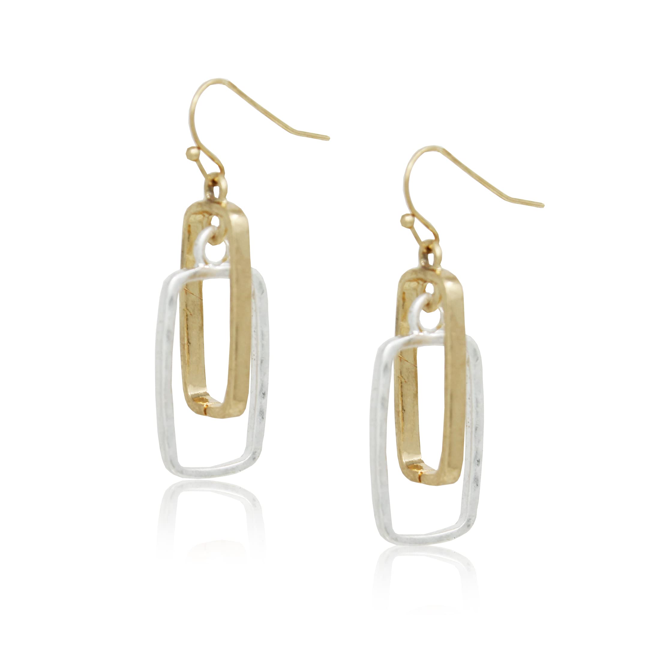 POMINA Lightweight Geometric Gold Silver Two Tone Hammered Dangle Drop Earrings Linked Circle Rectangle Oval Trendy Fashion Dangling Earrings for Women (Square_Two tone)