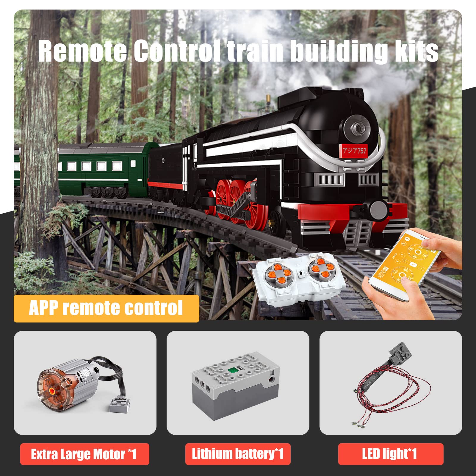 YESHIN Train Building Blcoks Toys for Boys, MOC APP Remote Control SL7 Asia Express Train Set with Light and Rails, Kids Birthday (1873 Pieces)