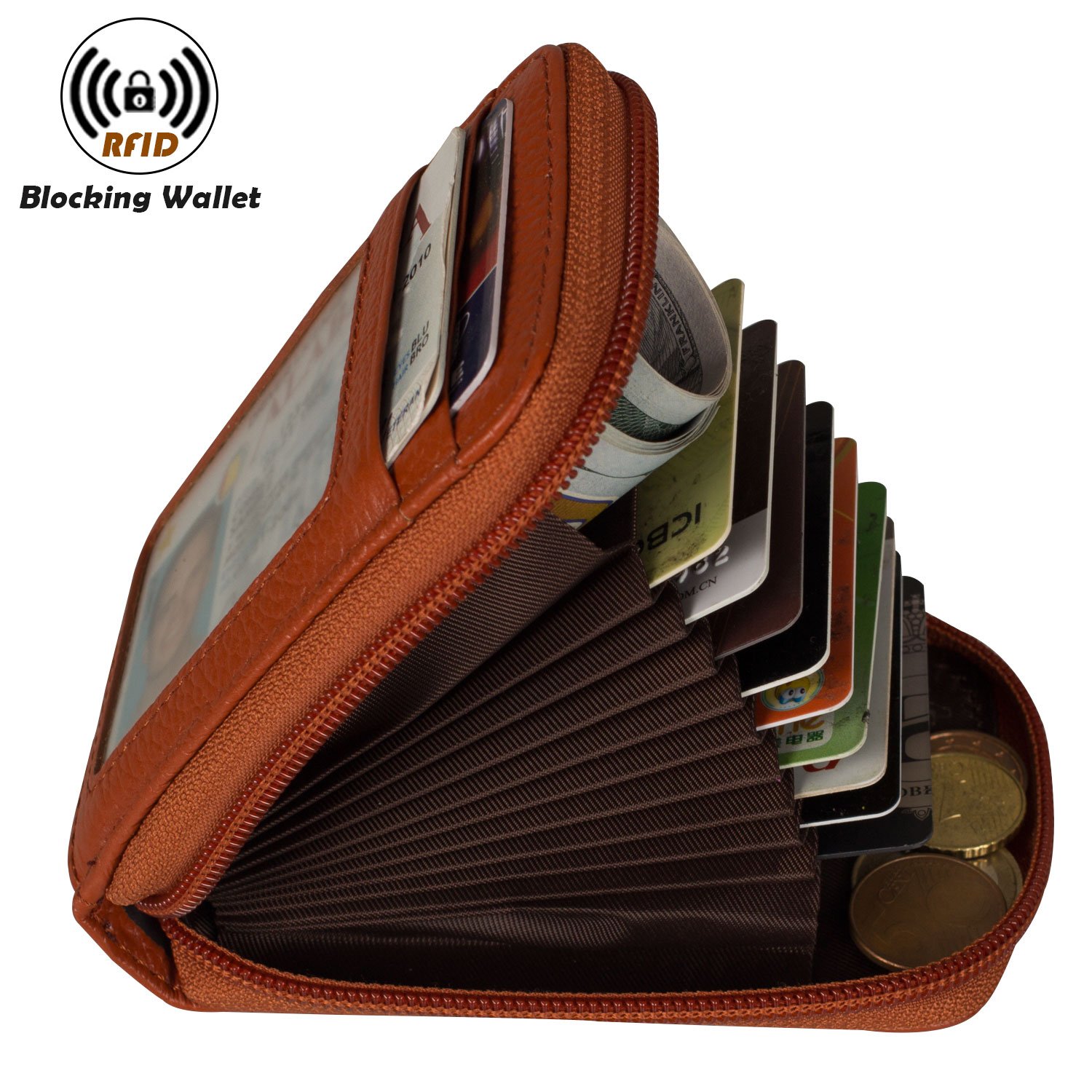Noedy RFID Blocking Credit Card Case Organizer Genuine Leather Zip-Around Security Wallet Brown