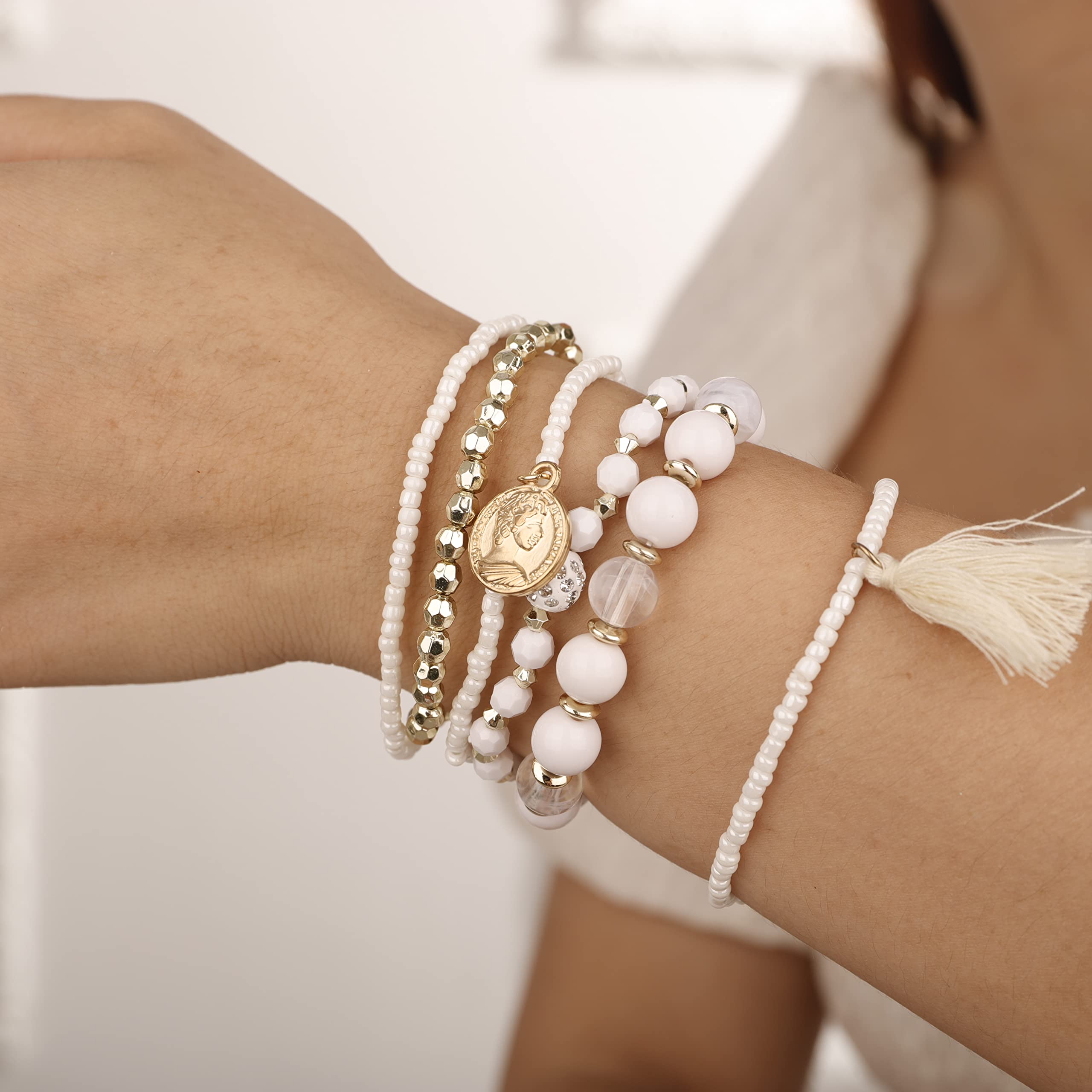 YERTTER 6pcs Bohemian Layered Rice Beads Ethnic Beaded Pendant White Tassel Stretch Stackable Strand Bracelet Rice Beads Bracelet Statement Gift for Women Girls(White)