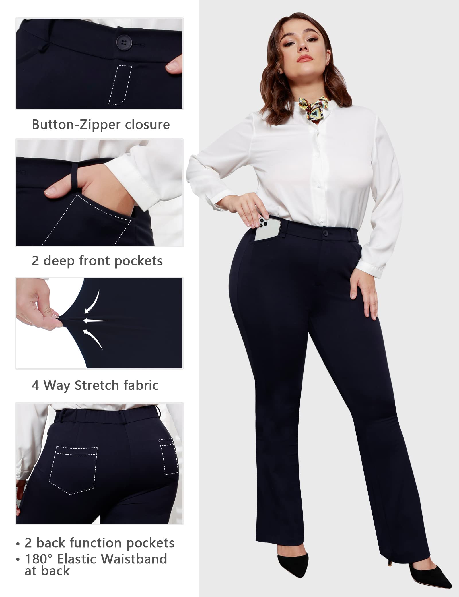 TELINVEY Women's Plus Size Work Pants,Stretch Dress Pants for Women Business Causal,Bootcut Office Slacks with Pockets(Navy,2XL,29")
