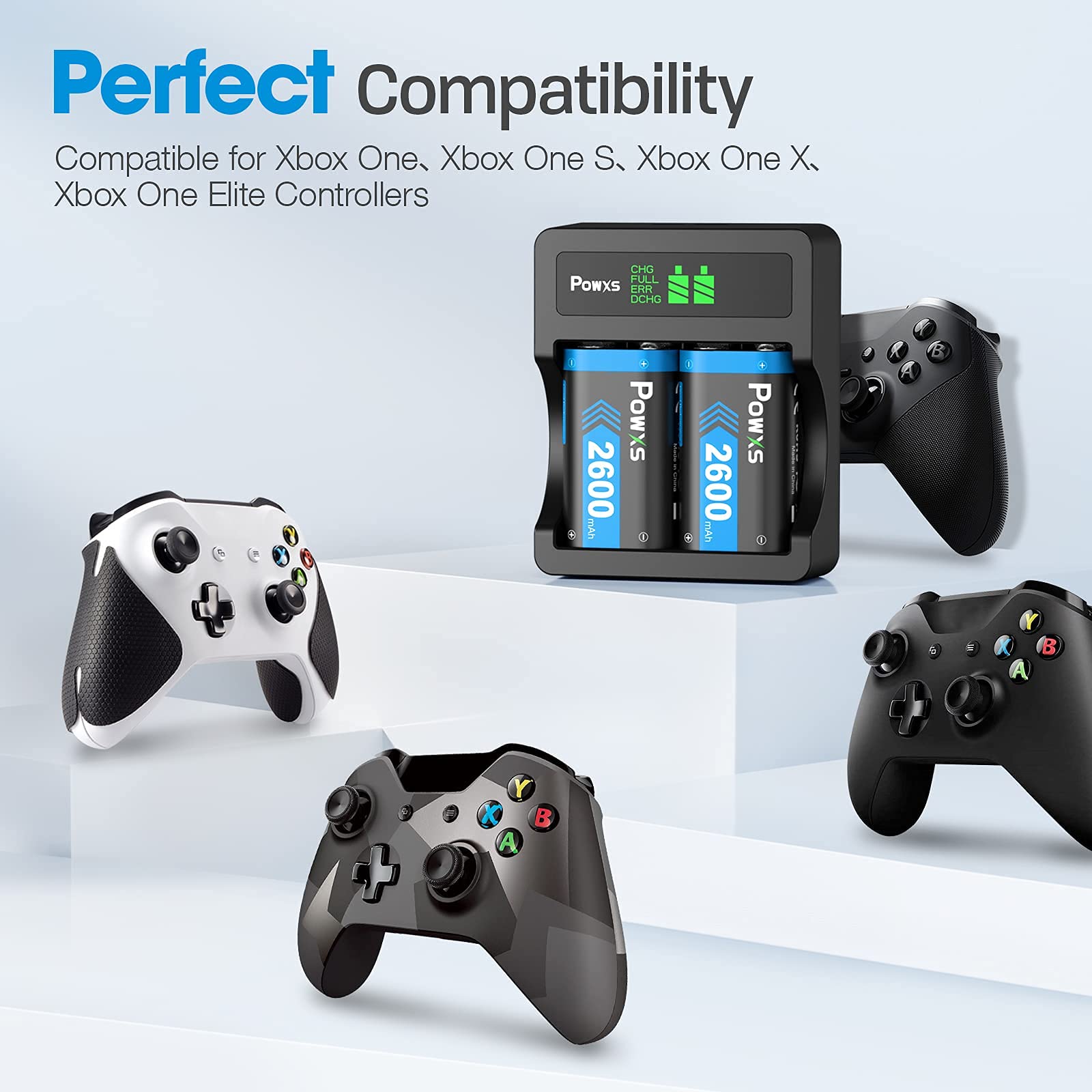 POWXS 2 Slot Xbox One Controller Battery Pack Charger Compatible with Xbox One/Xbox One S/Xbox One X/Xbox One Elite Controllers Battery Pack Quickly Charging and HD LCD Display