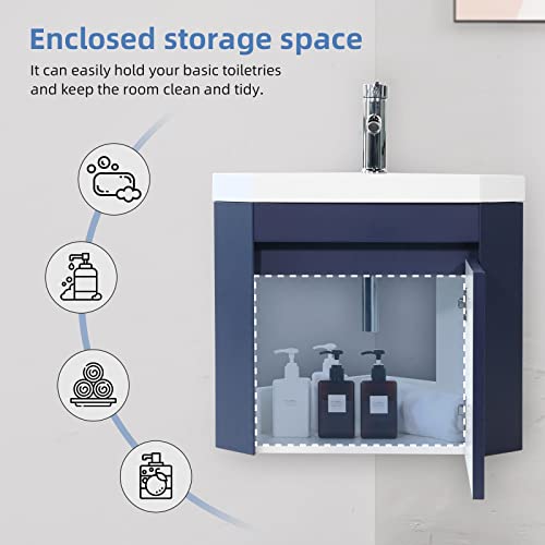 walsport 16" Corner Bathroom Vanity Floating Single Sink Combo for Small Space Wall Mounted Cabinet Set Design Resin Basin Sink Top Chrome Faucet and Drain,Blue