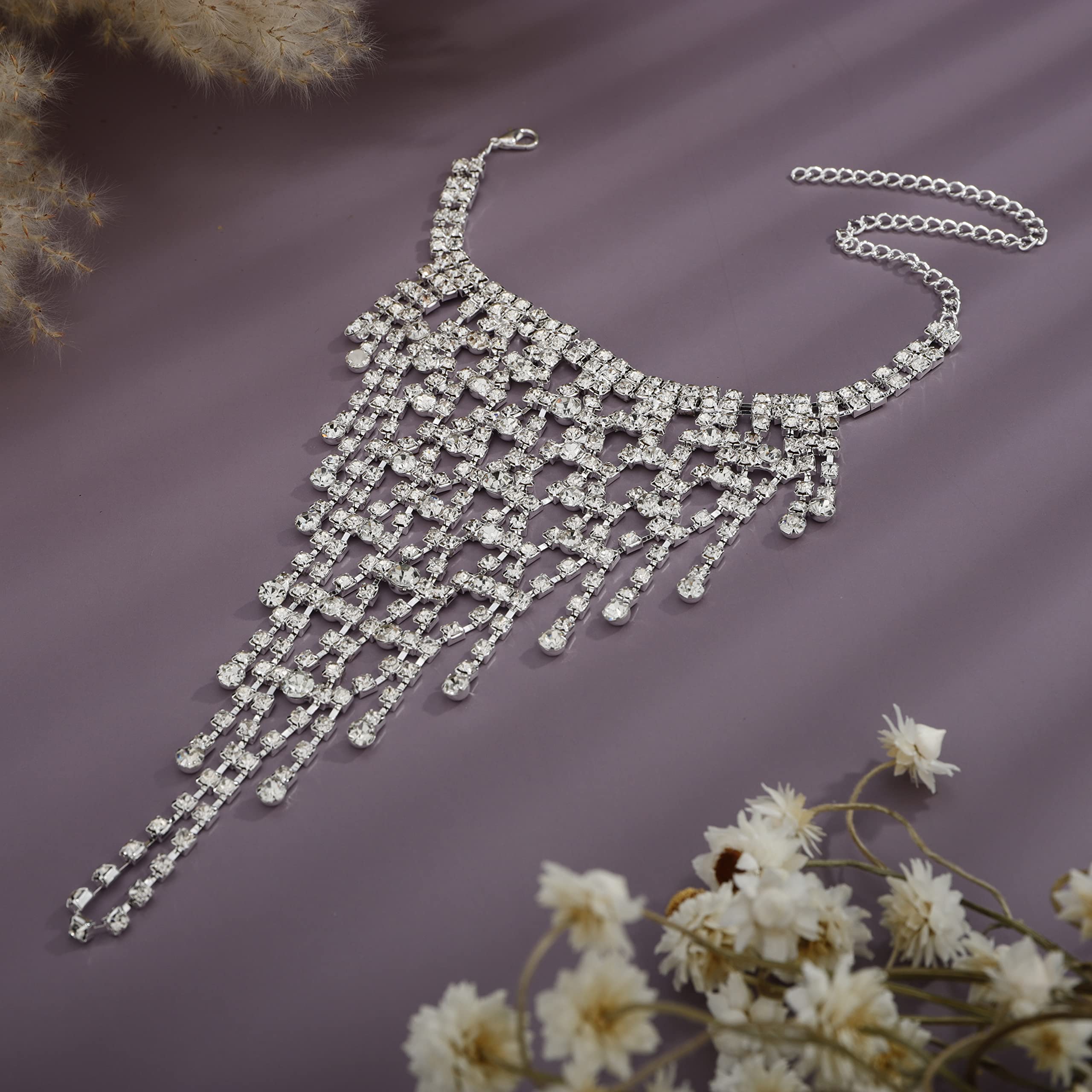YERTTER Silver Wedding Full Rhinestone Hand Back Chain Sparkly Crystal Finger Bracelet with Ring Hareness Hand Chain Slave Link with Ring Bracelet Accessories Party for Women Girls(Silver 1)