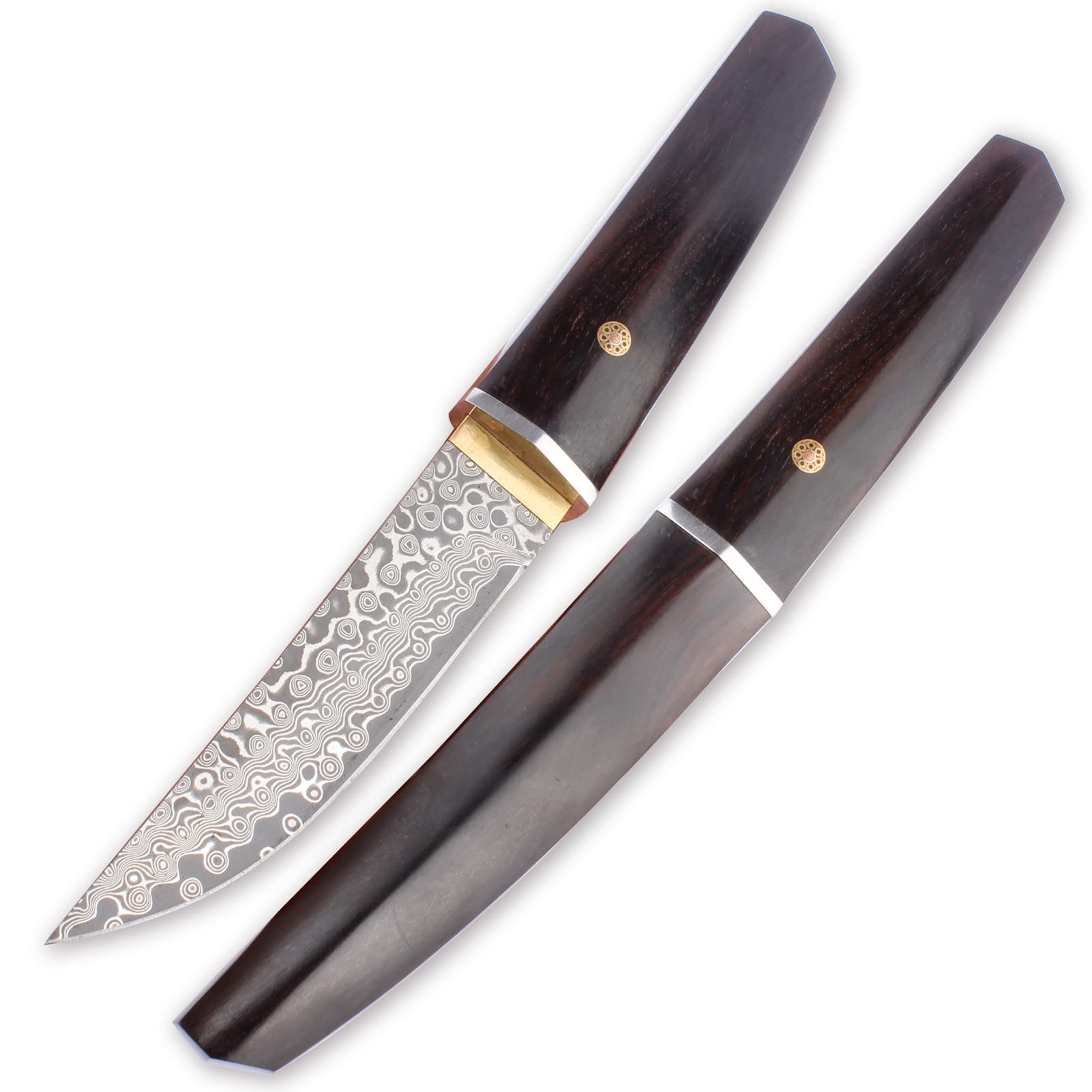 TENCHILON K87 Handmade Samurai Full Tang Classic Japan Katana Knife, Damascus Drop Point Fixed Blade for Outdoor Camping Tactical, Hunting, Survival Slicing Knives with Wooden Sheath