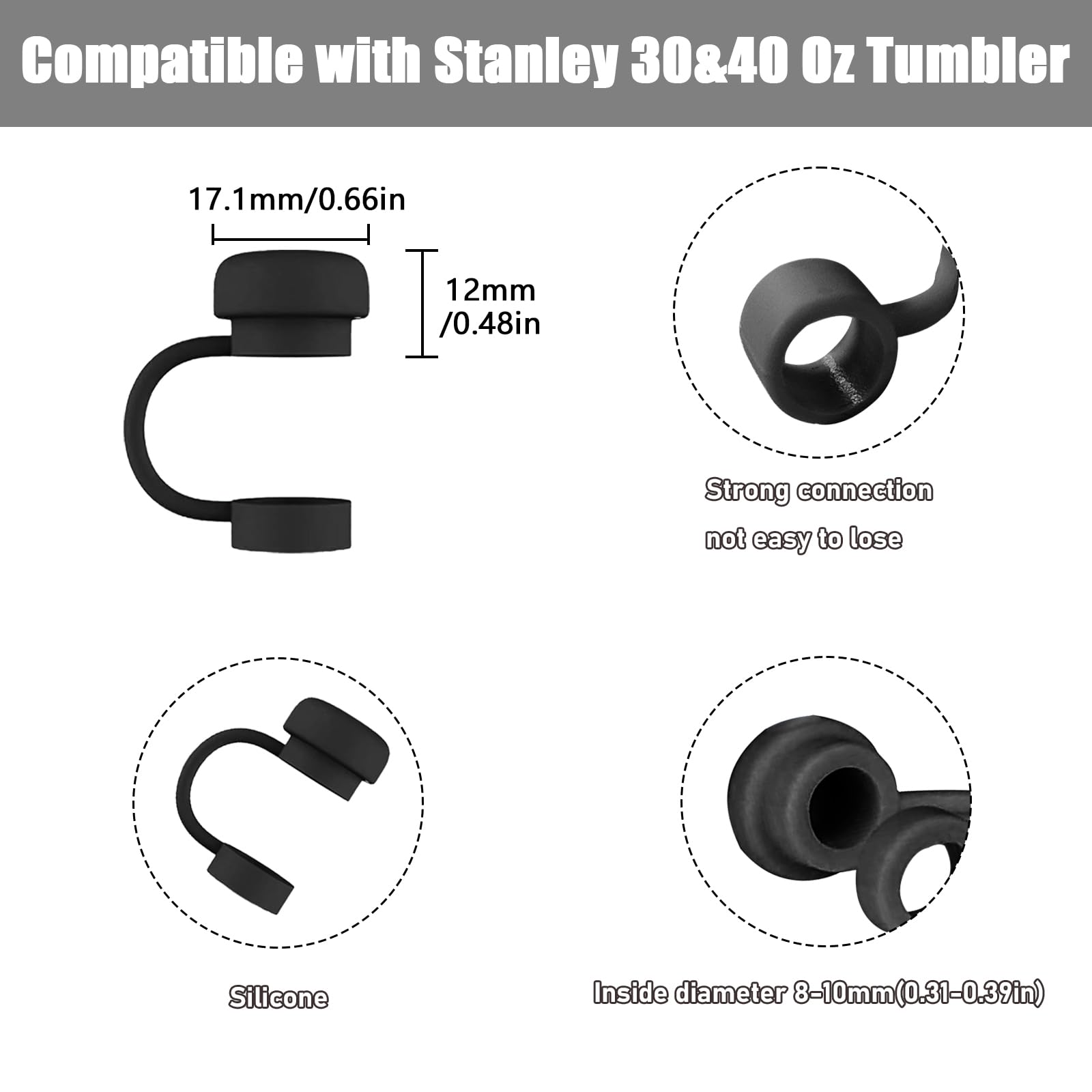 YZYX 4 Pcs Straw Covers Toppers Silicone Stanley Accessories for Stanley Cups 30&40 Oz Tumbler with Handle Reusable Straw Caps Tips for Stanley 10mm 0.4in Straws Dust-Proof Straw Lids,Black