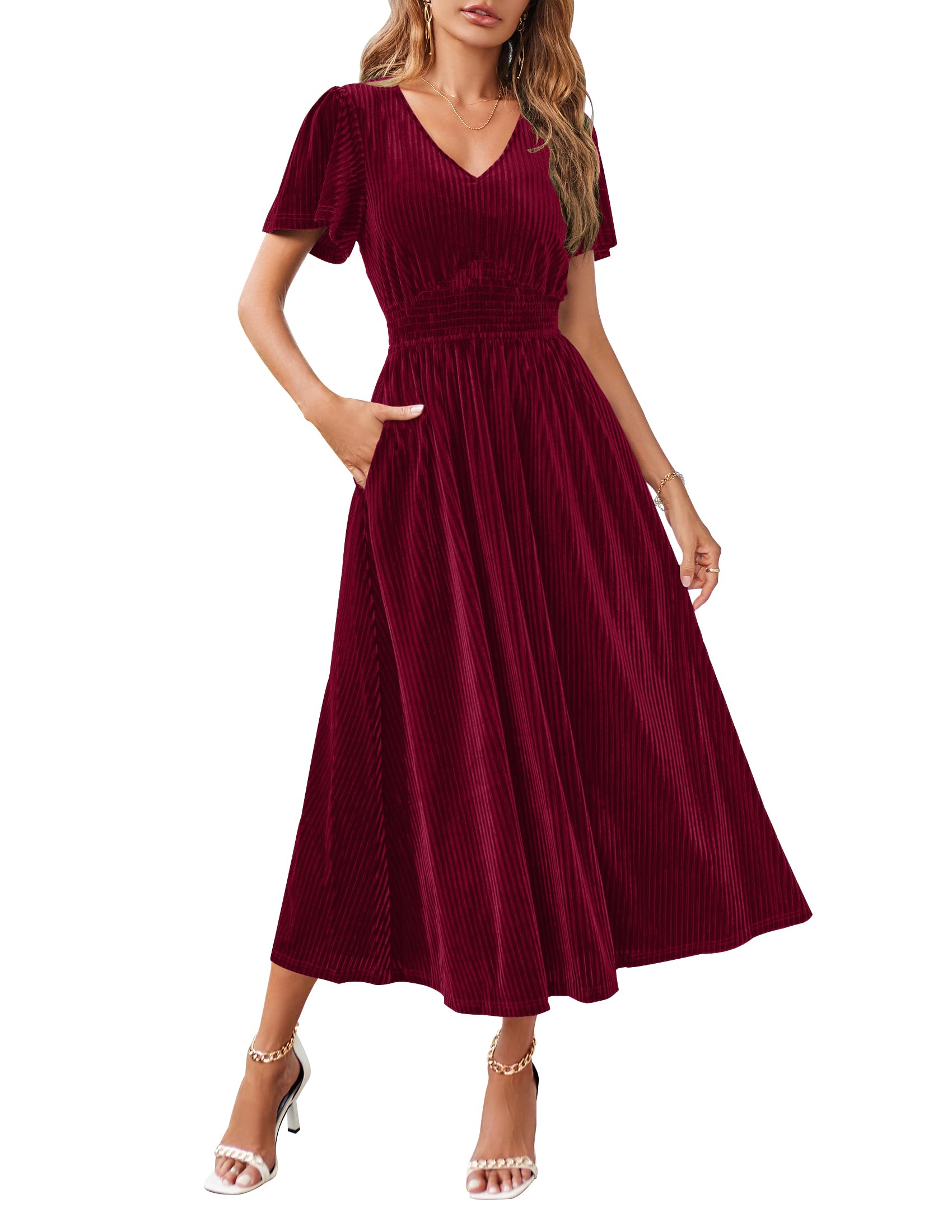 MEROKEETY Women's Flutter Short Sleeve V Neck Velvet Maxi Dress Bridesmaid Wedding Guest Formal Dresses WineRed M