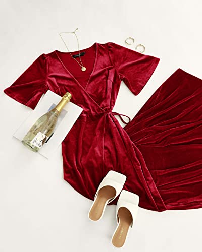 MEROKEETY Women's Velvet Maxi Dress 2024 Boho Wrap Cocktail Party Wedding Guest Formal Dresses, Red, Large