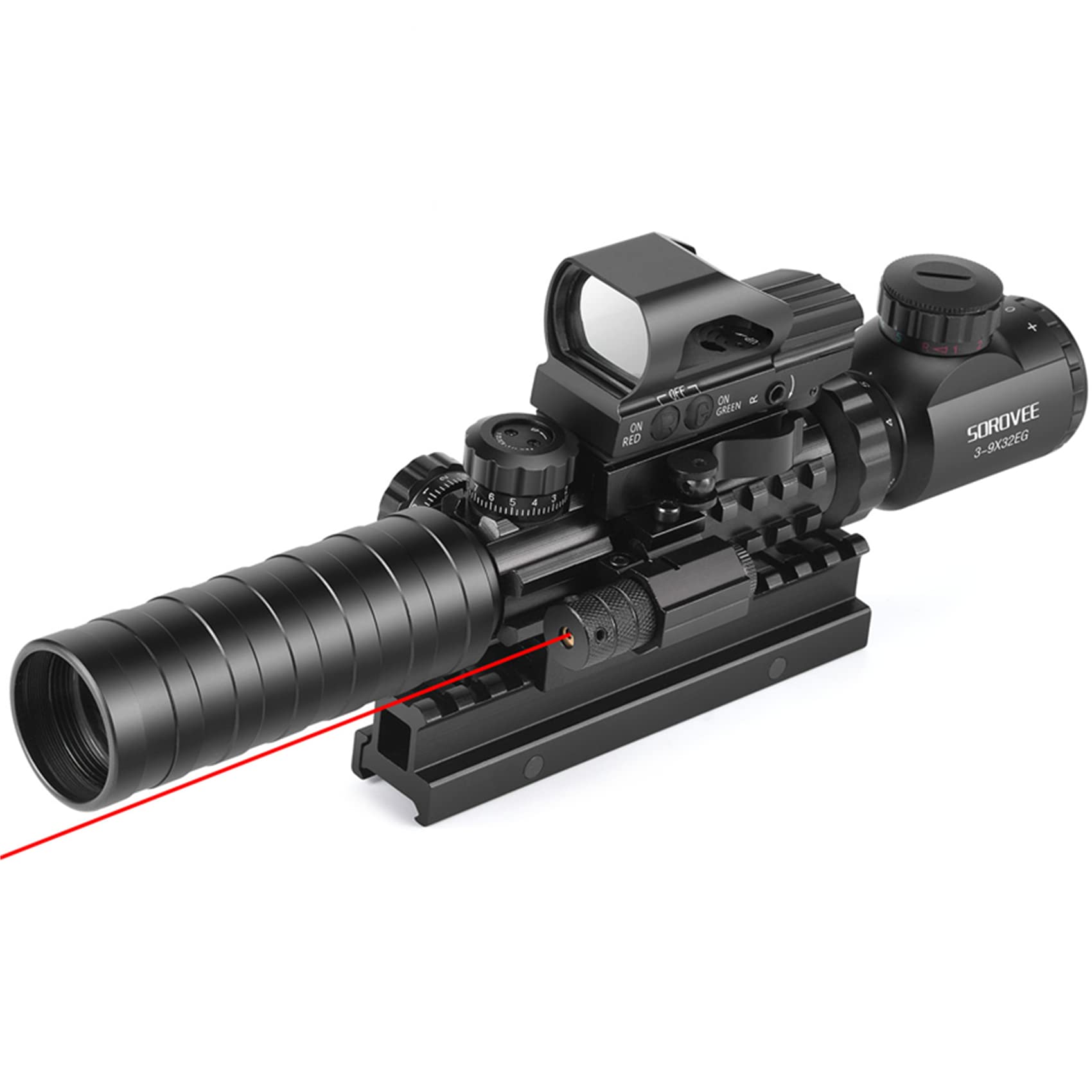 SOROVEE Rifle Scope 3-9x32 Combo,Red/Green Illuminated Range Finder Reticle,Tactical Gun Scopes with Quick Detach Reflex Sight 4 Reticle and Red Laser,Airsoft Scopes for Long Range Shooting/Hunting.