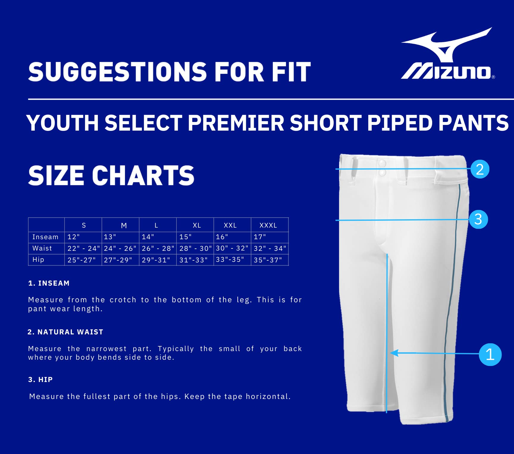 Mizuno Boys Youth Premier Short Piped Pant XL White-Navy, White/Navy, X-Large US