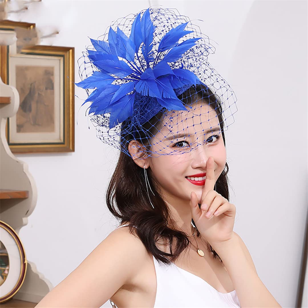 Royal Blue Hat Hat with Feather Flower Ladien Gauze Dress Hats Hair Accessories Royal Blue One Size