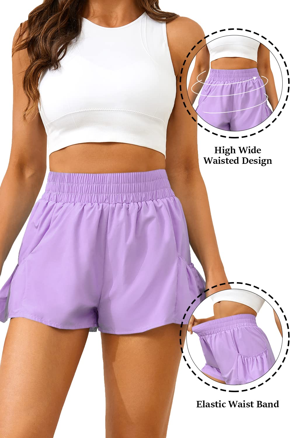 TINSTREE Womens Running Shorts High Waisted Quick Dry Athletic Workout Biker Spandex Shorts with Liner Side Pockets Light Purple