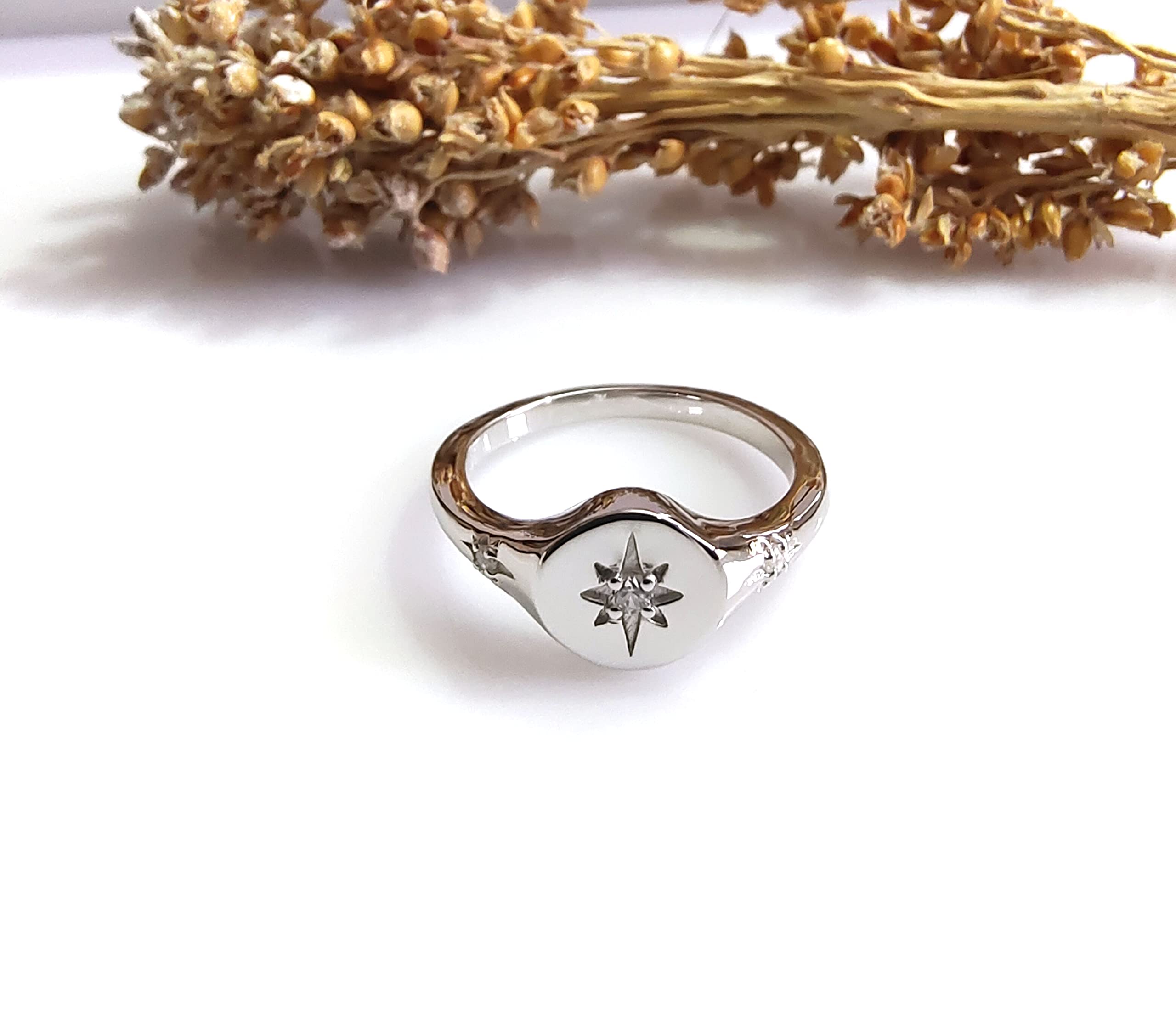 Sterling Silver Signet Ring, Cz Ring, North Star Ring, Polaris Ring, Unique Silver Ring, Star Signet Ring, Starburst Ring, Celestial Ring (Gold, 9)