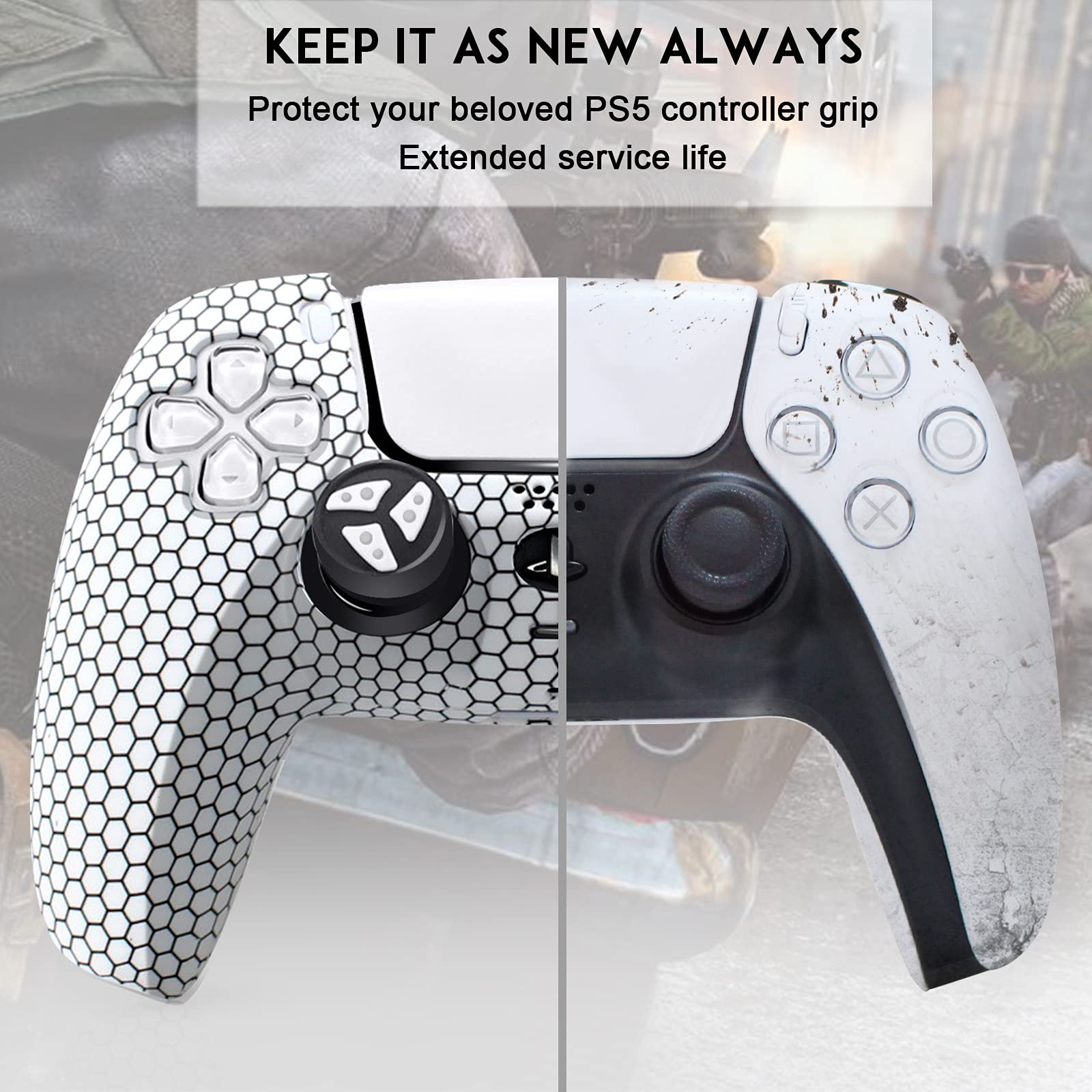 SIKEMAY PlayStation5 Controller Cover Skin Case, Anti-Slip Thicken Silicone Protective, Perfectly Compatible with PlayStation 5 Controller Grip with 10 x Thumb Grip Caps (Black-White Grid)