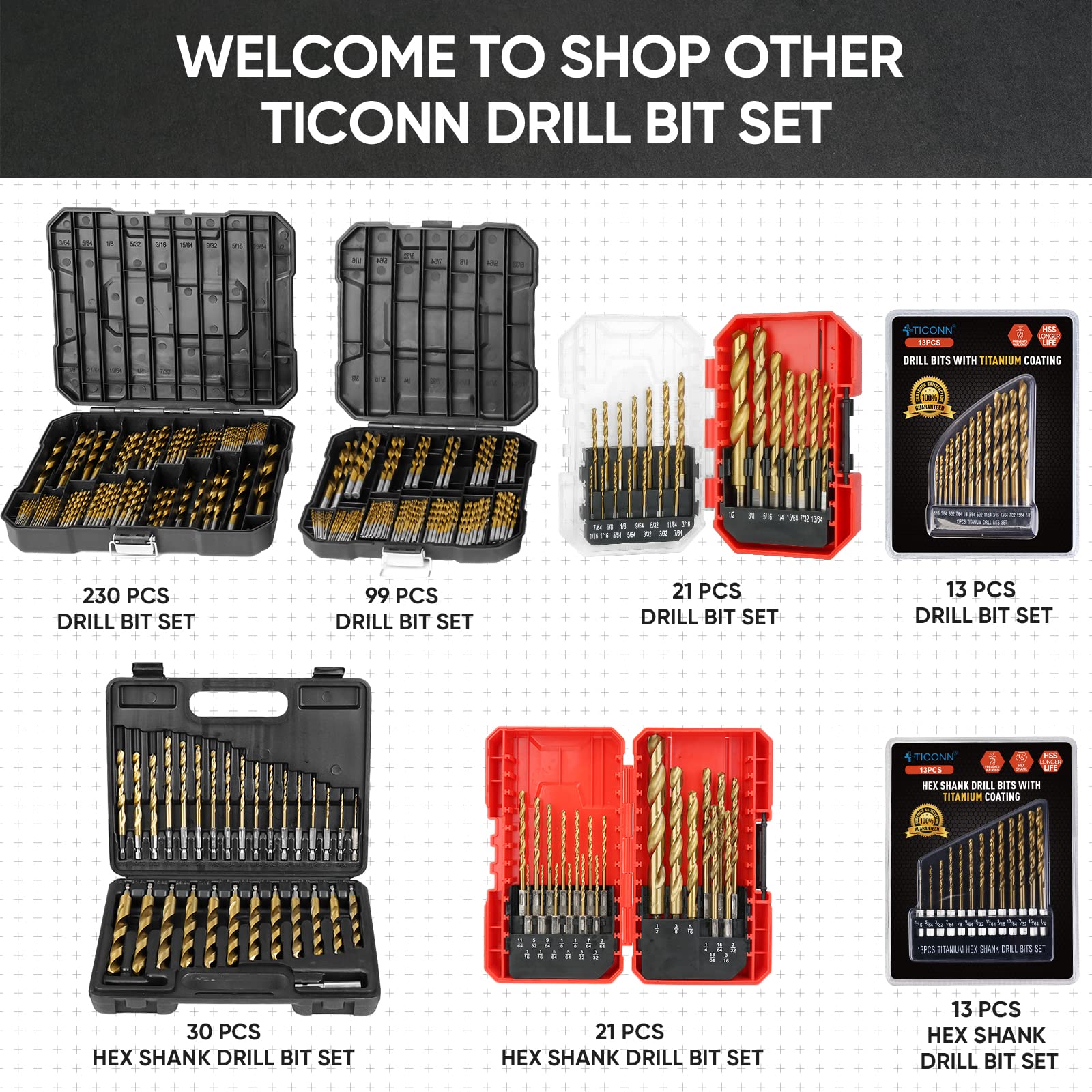 TICONN 99PCS Titanium Coated Drill Bit Set, 135 Degree Tip HSS Bits Kit with Storage Case for Aluminum, Copper, Soft Alloy Steel, Wood, Plastic Size from 1/16" to 3/8"