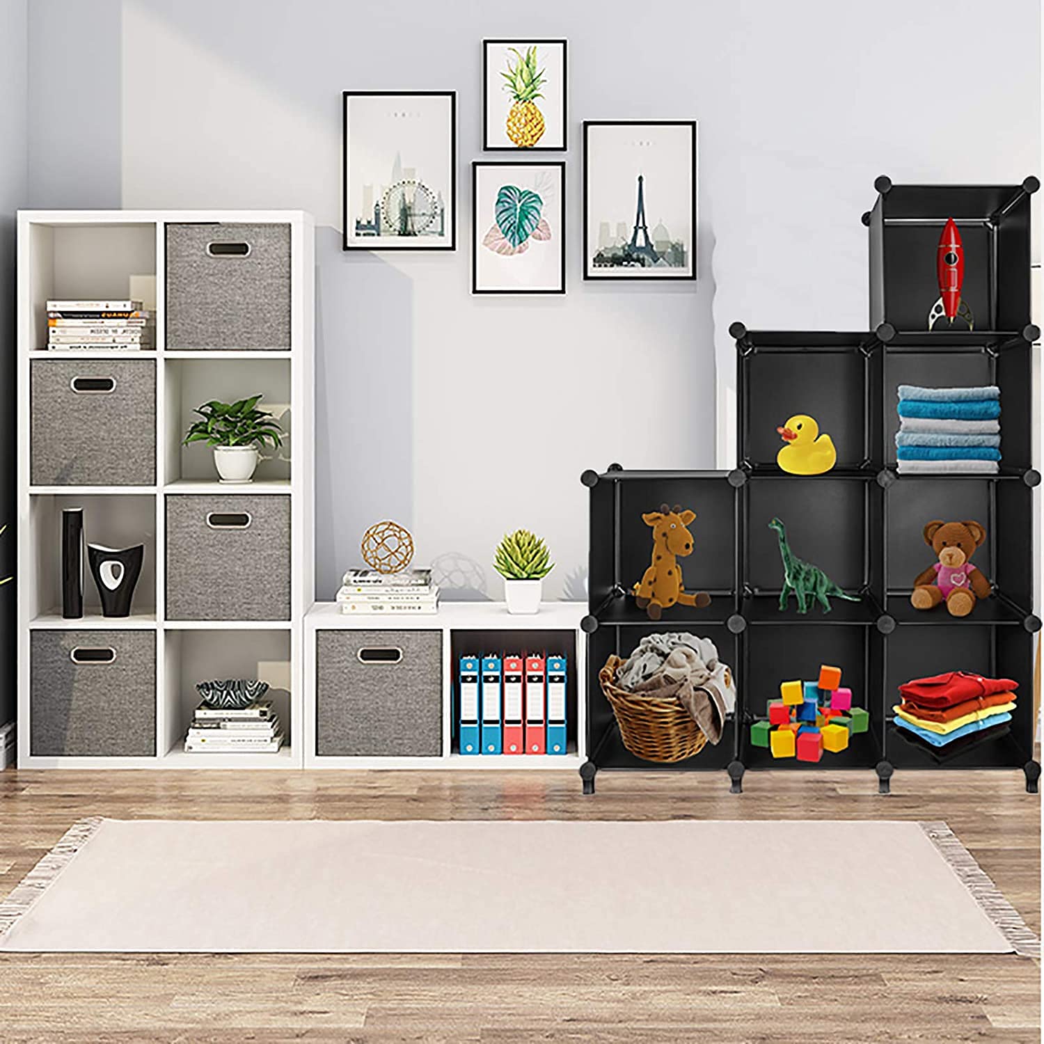 Nicunom Cube Storage Organizer, 9-Cube Bookshelf Stackable Storage Shelves DIY Plastic Closet Cabinet Organizer Shelves Multifunctional Modular Storage for Bedroom Living Room, Black