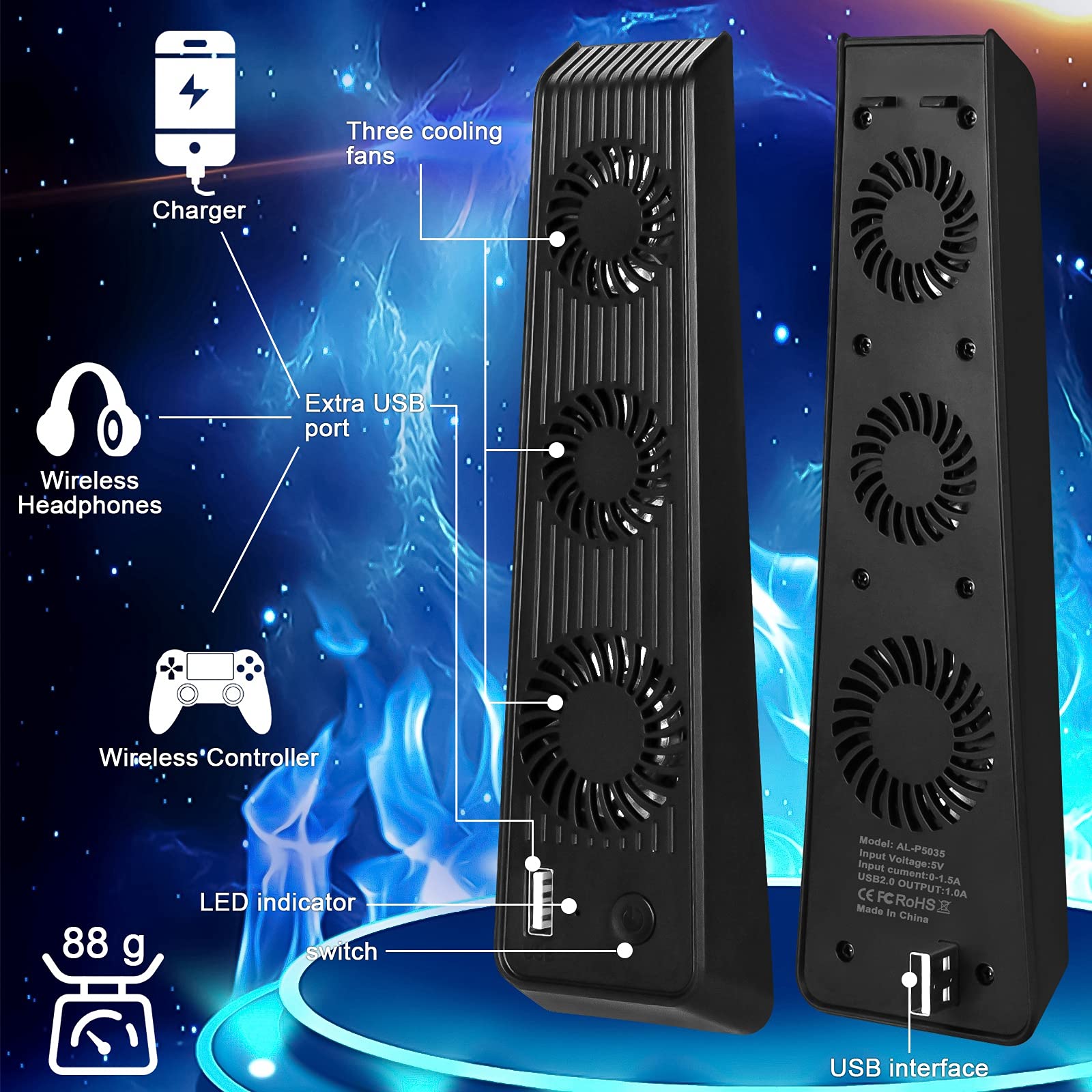 SIKEMAY PS5 Cooling Fan, PS5 Console Cooling Fan with USB Port, PS5 Cooler with Three 6000-Speed Fans, Self-Starting Cooling Fan for PlayStation 5 Console Accessories