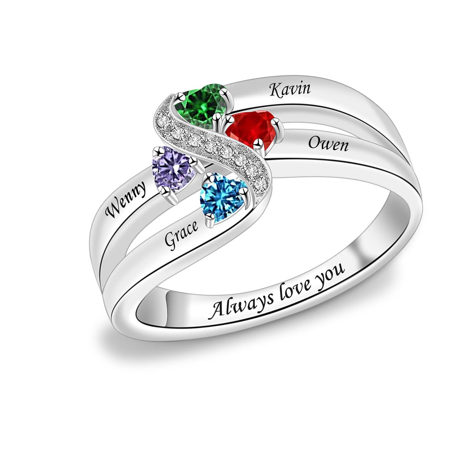 Sterling Silver Mothers Rings with 1-6 Birthstones Women Personalized Rings Engraving Family Name Rings Custom Rings for Mom Grandma Nana (4 stone)
