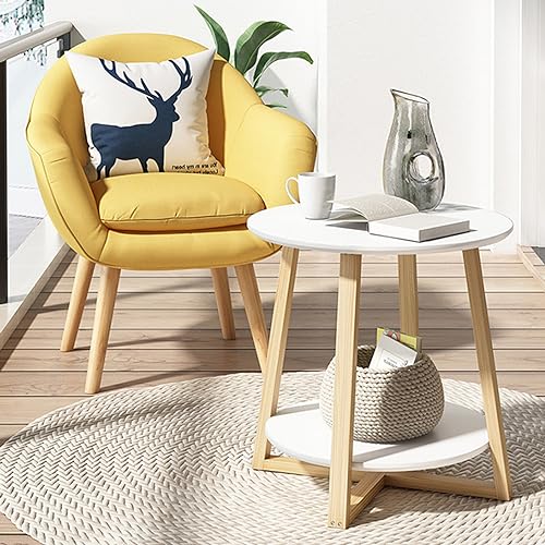 Mlaea Small Sofa Side Table, Round 2 Tier Coffee Table with Shelves, Wooden End Table for Bedroom Balcony Study Room, Simple Style(Size:50 * 50CM,Color:A)