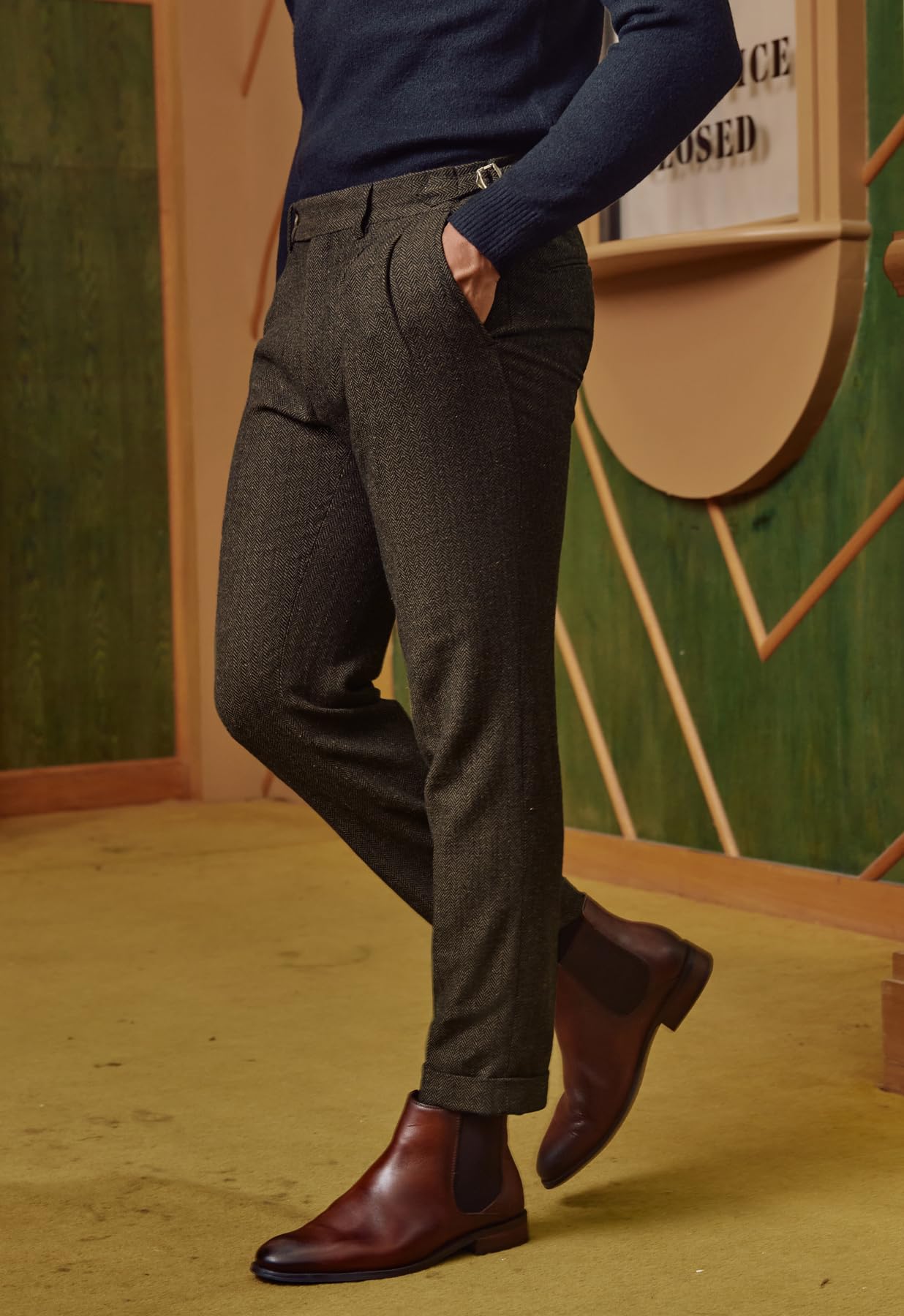 Mens Classic Italian Tweed Pants Double Pleated Adjustable Herringbone Trousers Brown